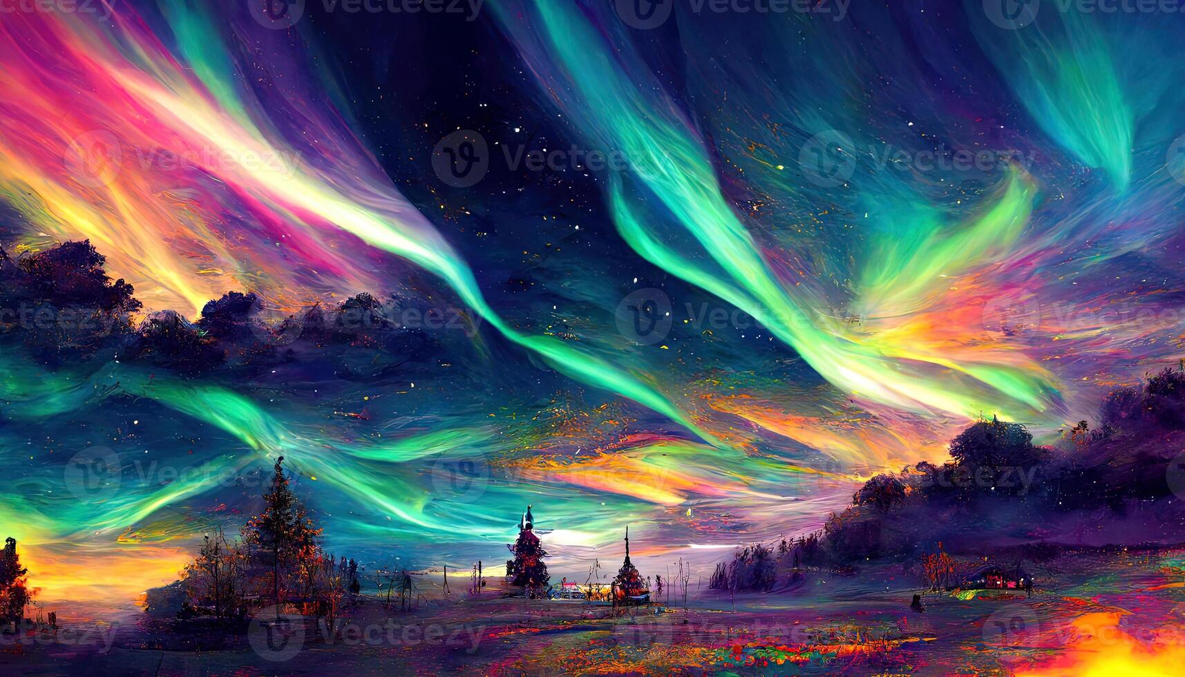 Digital illustration of an arctic landscape with glowing Northern ... Digital illustration of an arctic landscape with glowing Northern ...