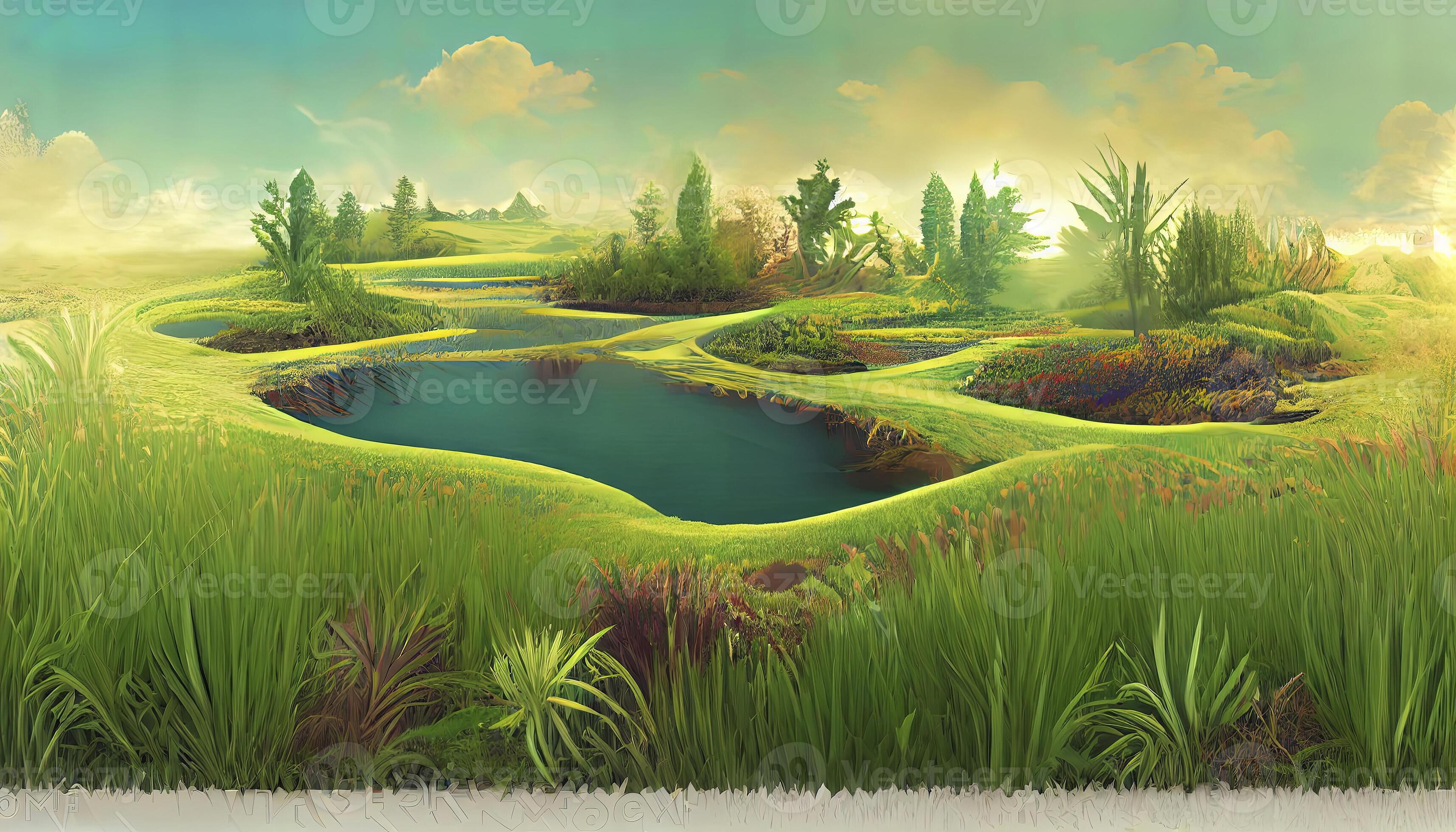 3d landscape with trees on hills alongside river. Generative Ai ...