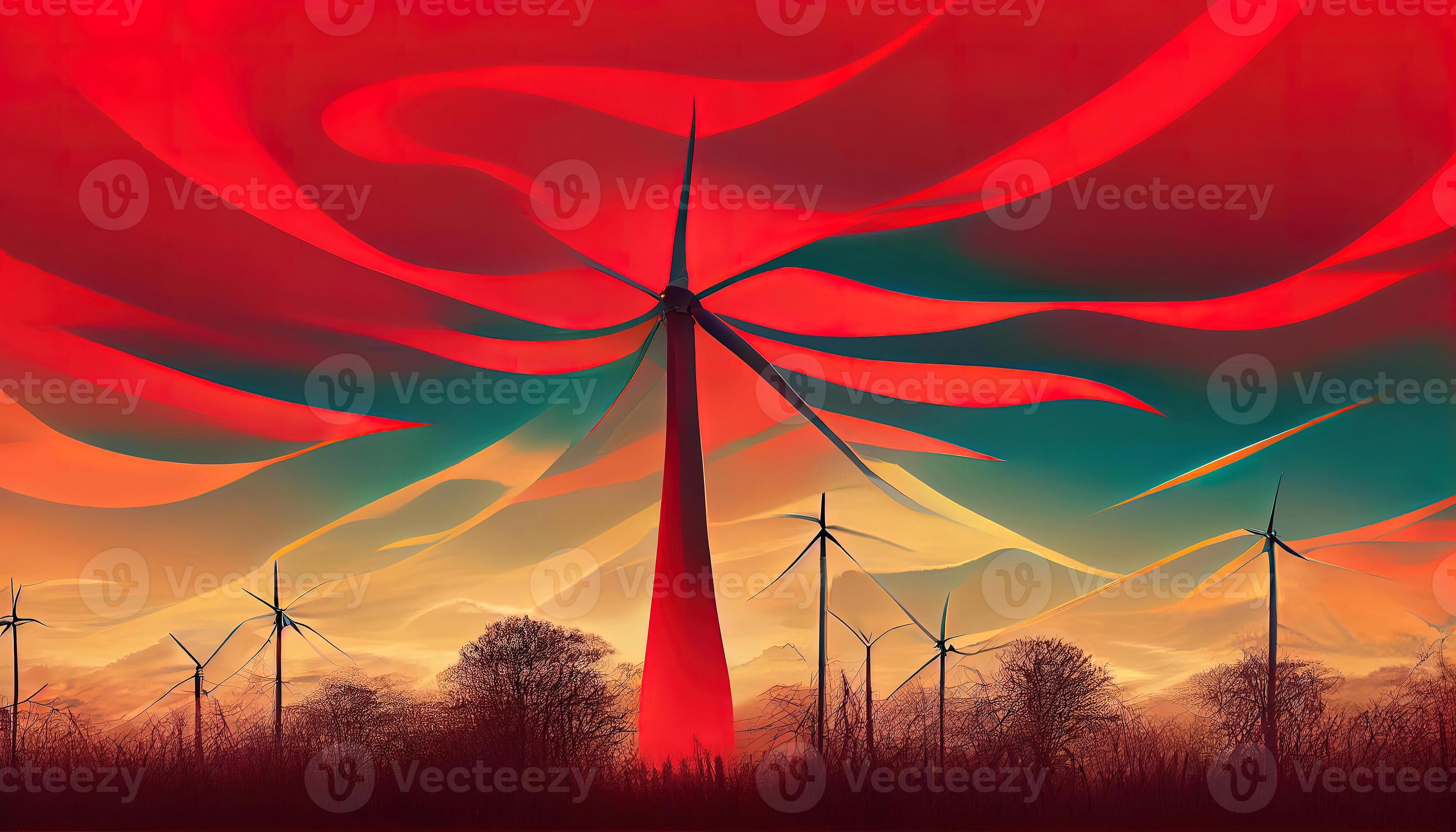 Clean Energy Concept Energy From Wind Wind Turbines At Sunset