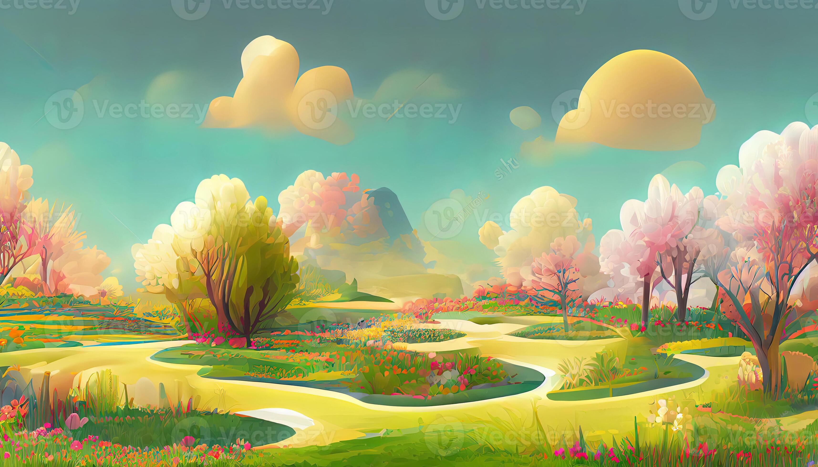 Cartoon spring landscape. Art illustration, 3d vector background ...