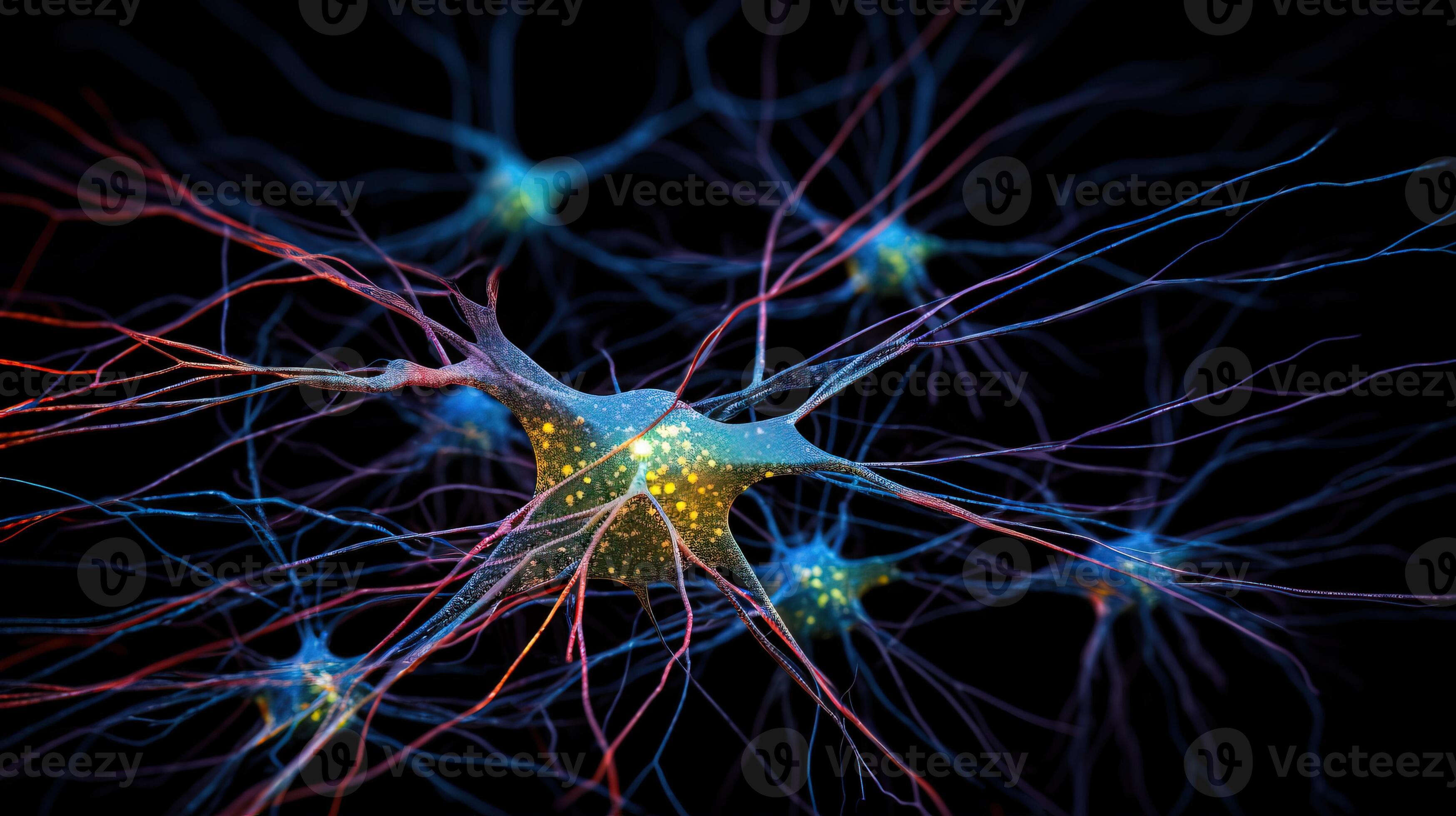 Conceptual Illustration Of Neuron Cells With Glowing Link Knots In Abstract Dark Space High