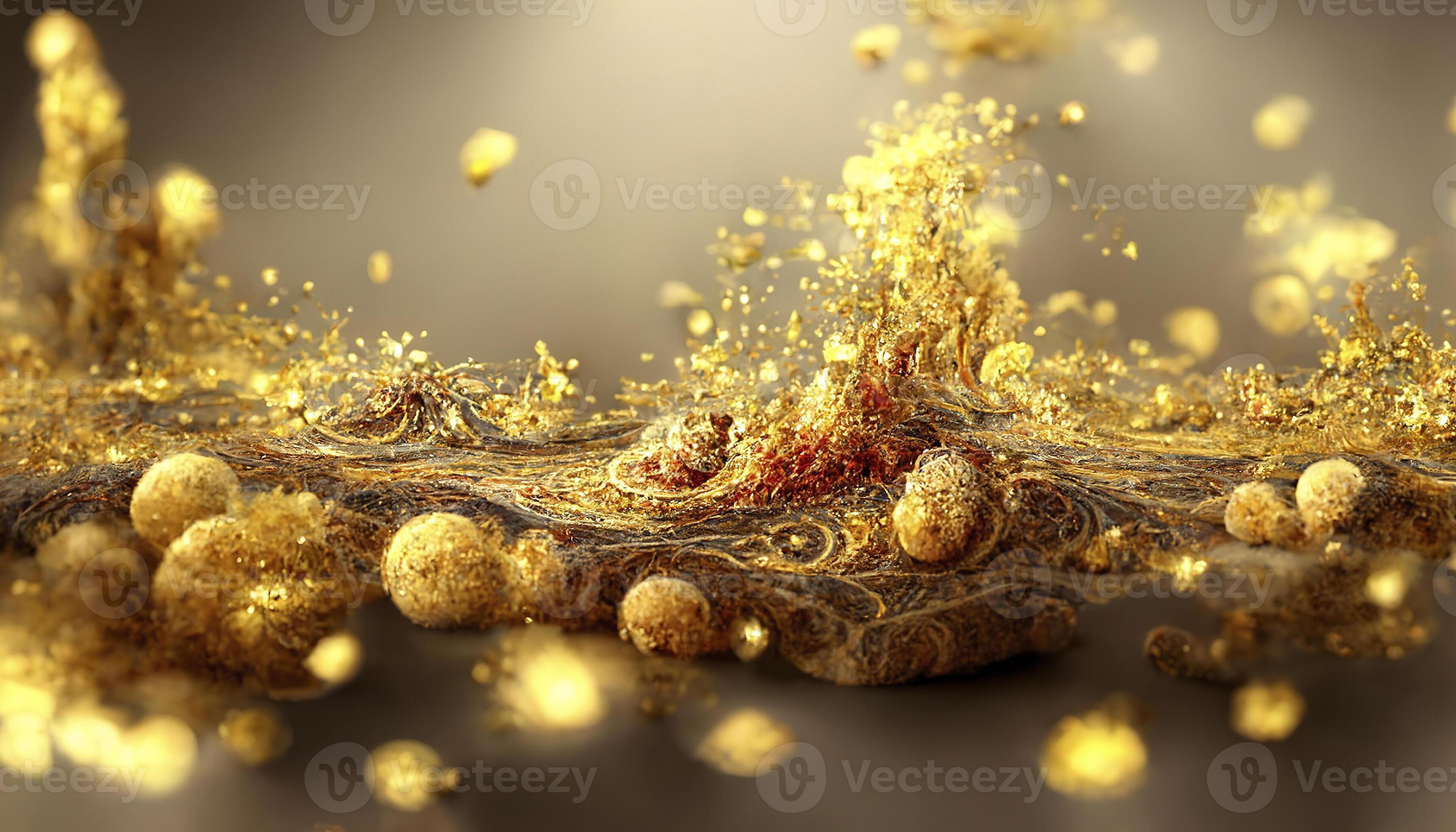 Abstract elegant, detailed gold glitter particles flow with shallow depth of field underwater ...
