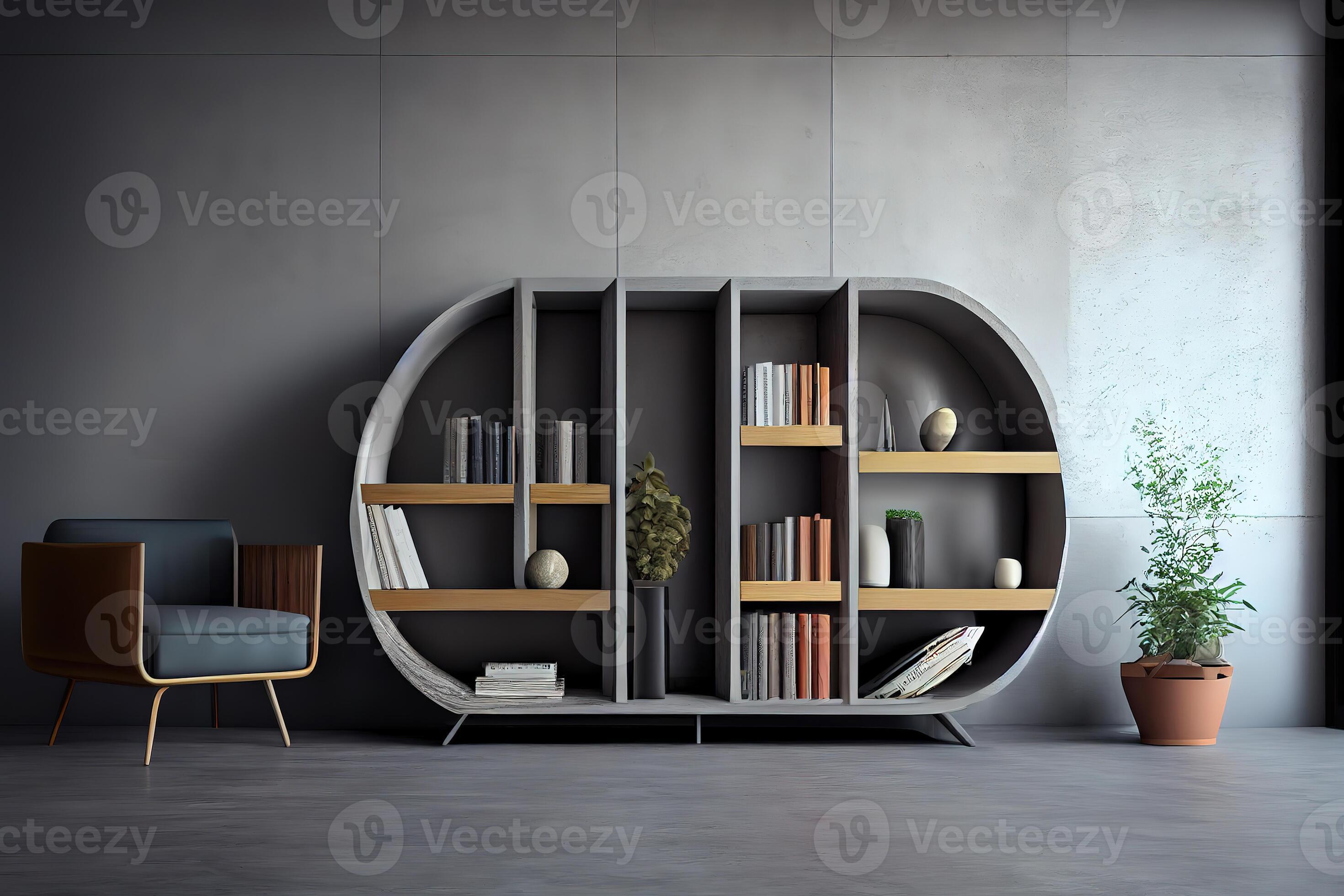 Minimalist bookshelf over dramatic concrete and wood background ... Minimalist bookshelf over dramatic concrete and wood background ...