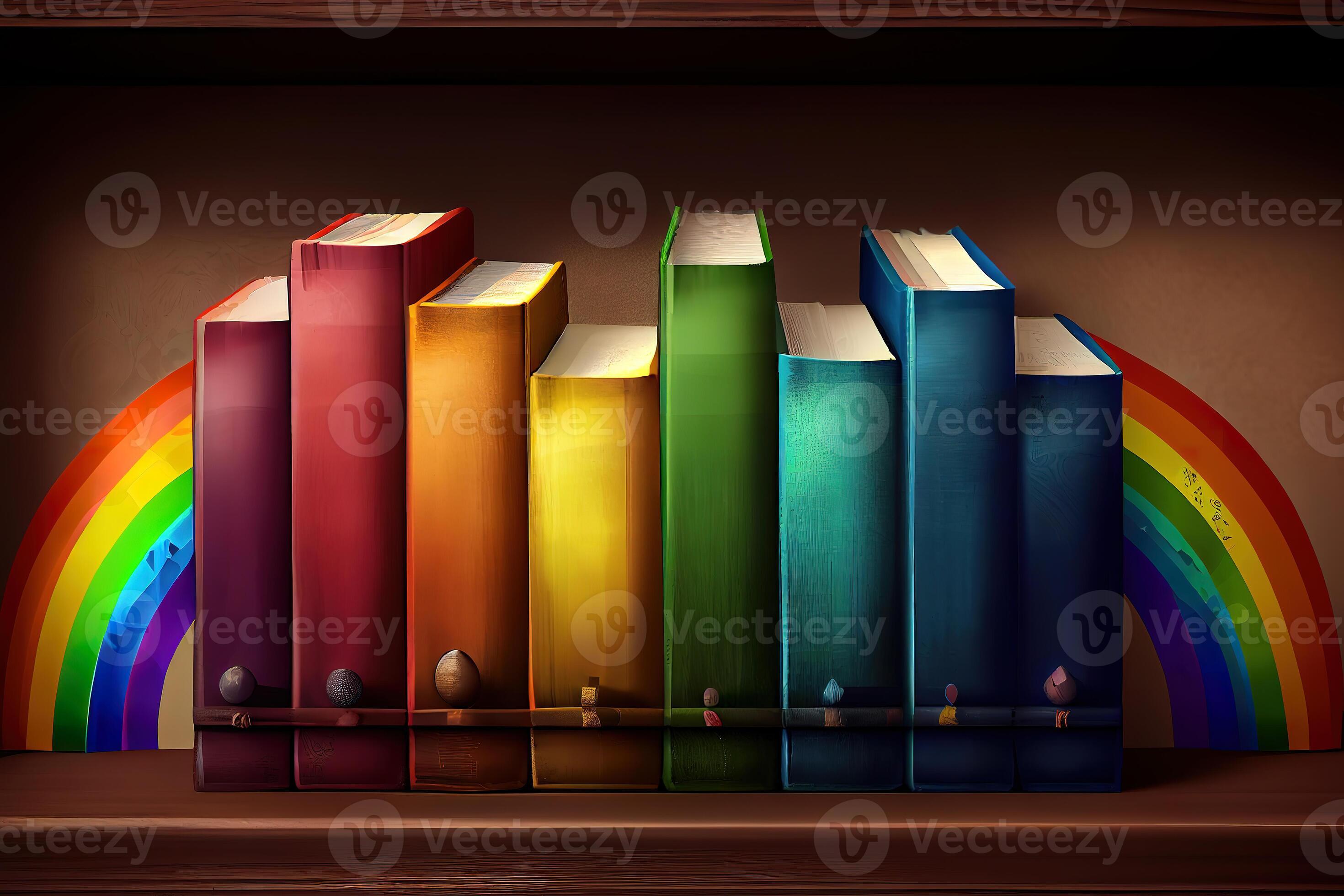 Row of old books on rainbow shelf. horizontal background scene. 22872240 Stock Photo at Vecteezy