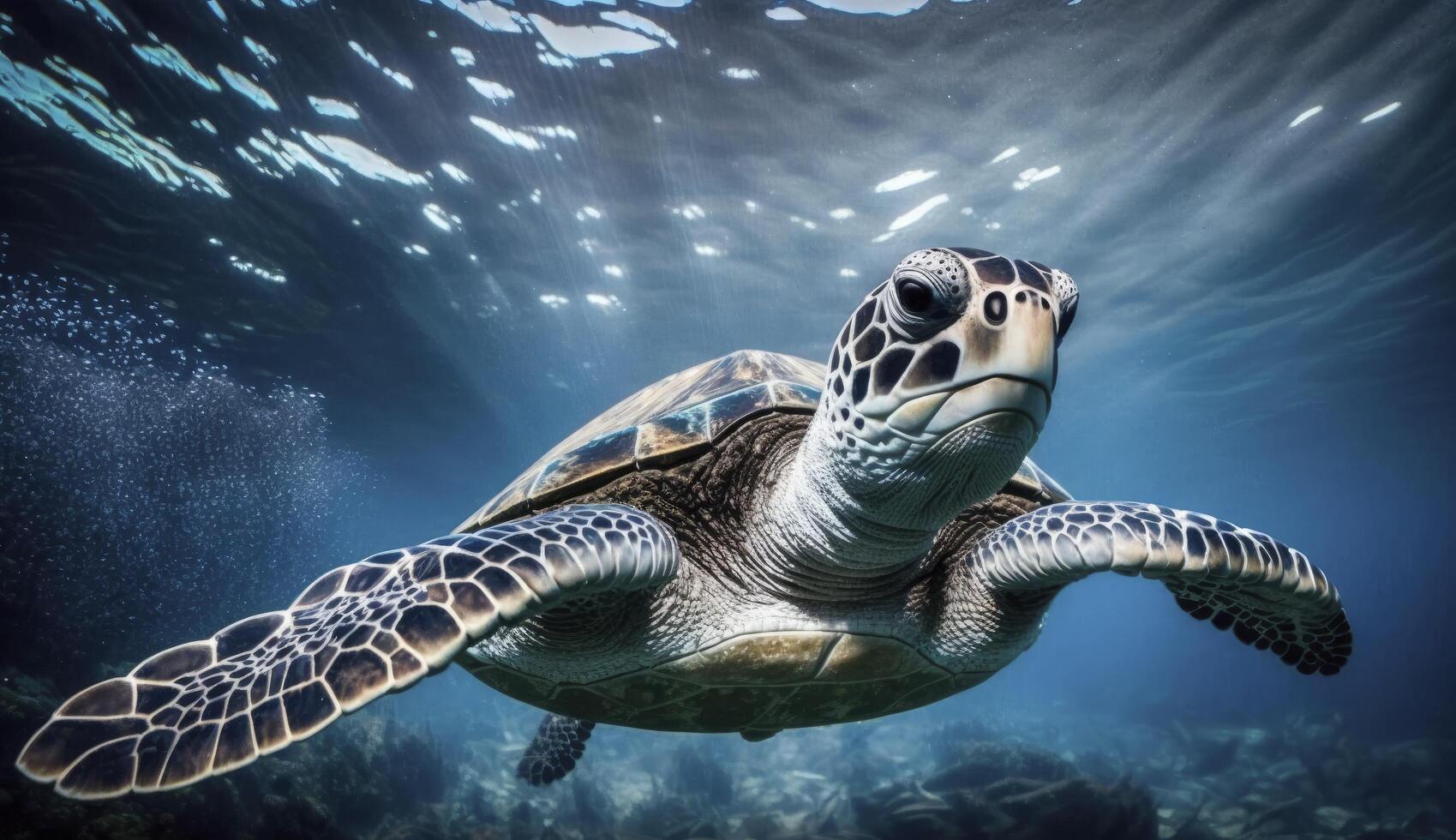 Sea Turtle Swimming Underwater In Blue Ocean Water Created With