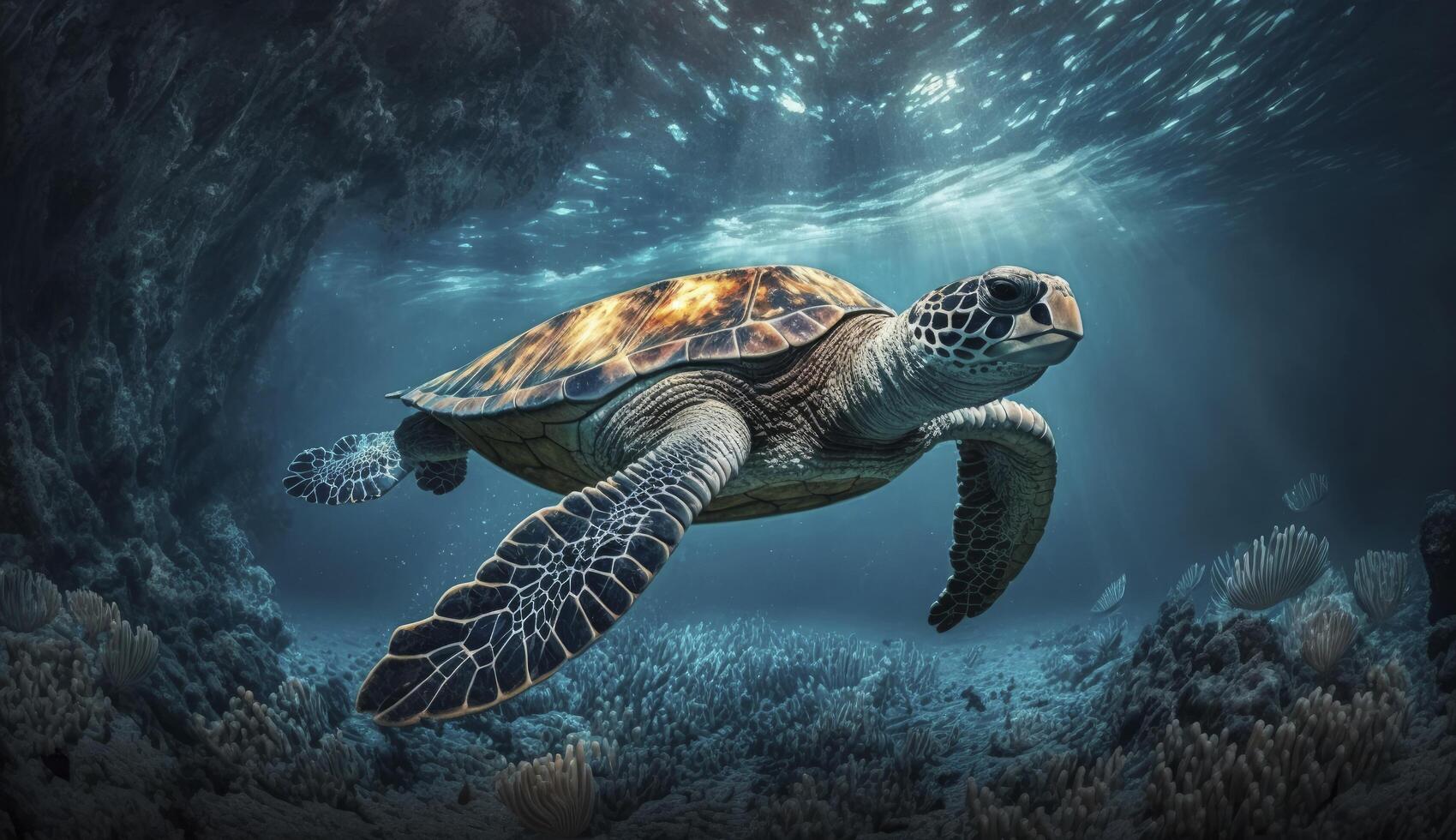 Sea Turtle Swimming Underwater In Blue Ocean Water Created With
