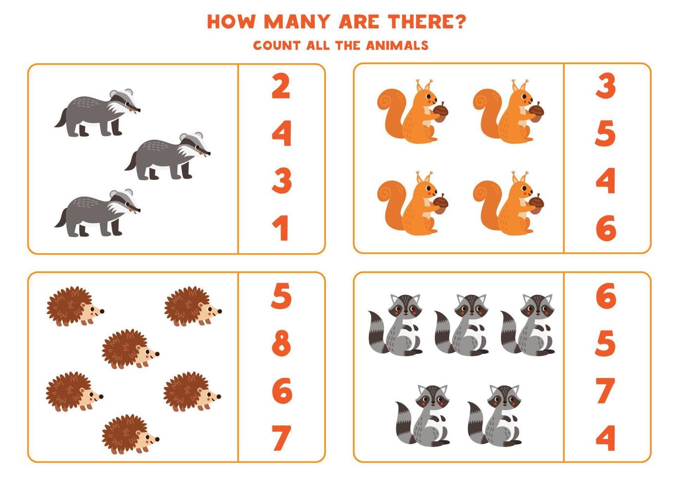 Counting game with cute woodland animals. Educational worksheet ...