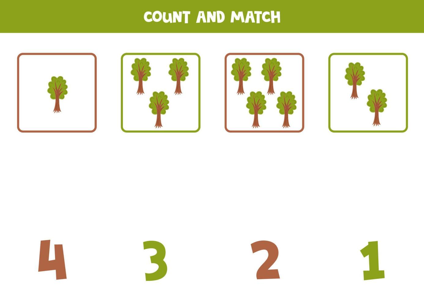 Counting game for kids. Count all green trees and match with numbers. Worksheet for children ...