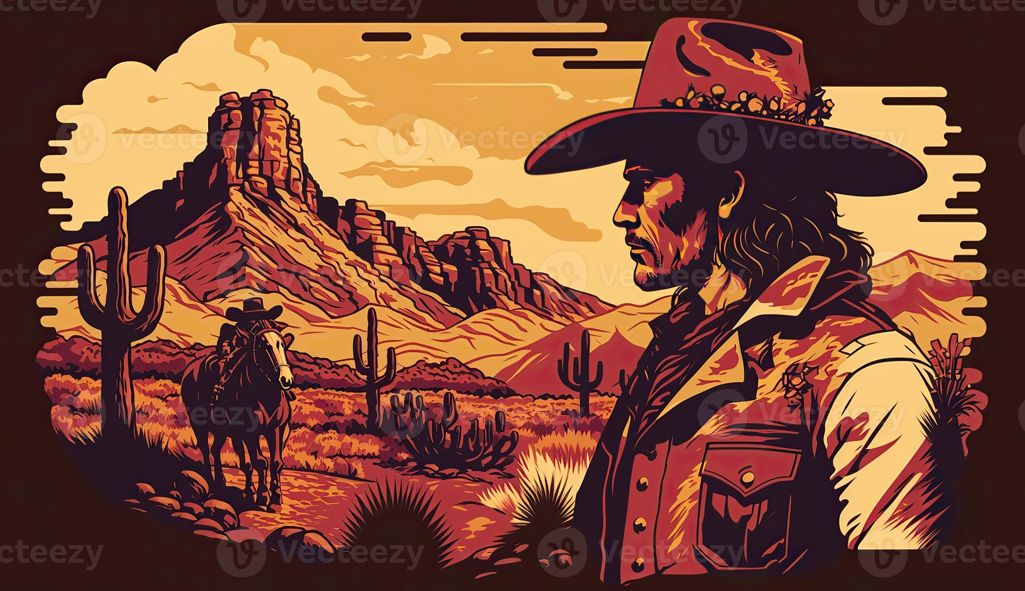 Western native american landscape with lonely cowboy and desrt rocks ...