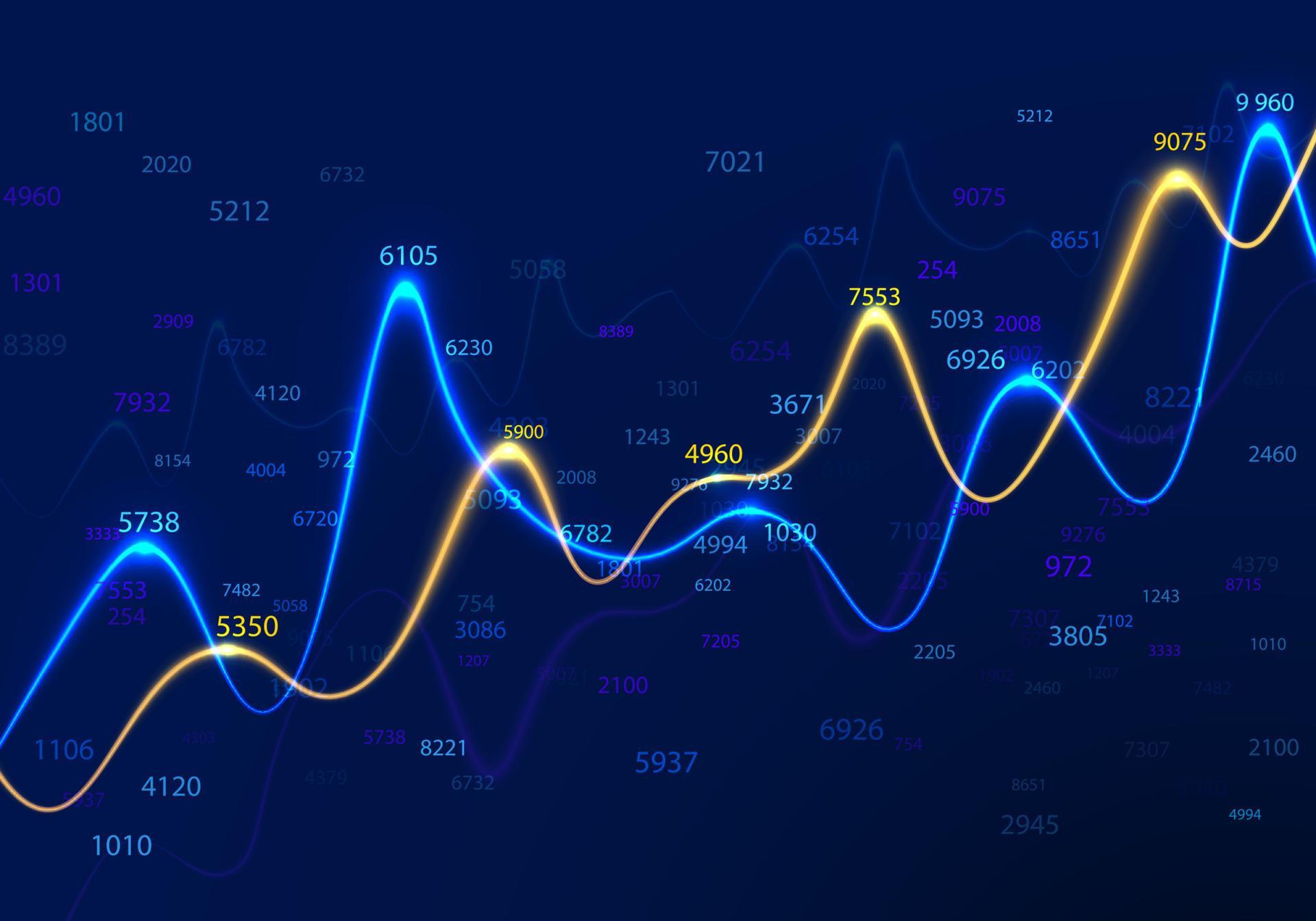 Business diagrams and charts on blue background with random numbers ...