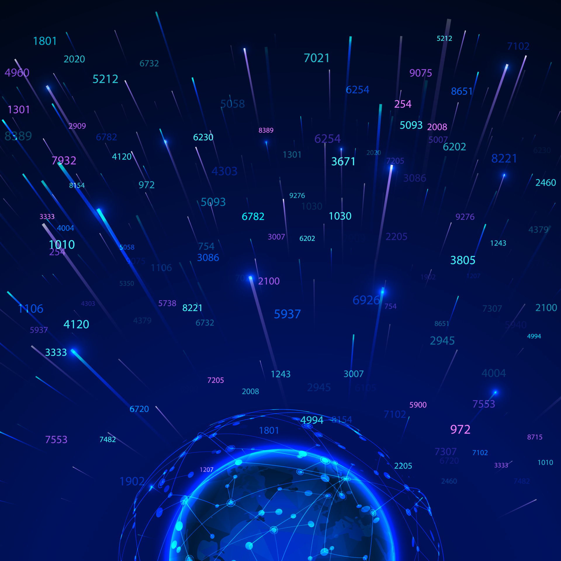 Big data concept. Random numbers and data streams around global network ...