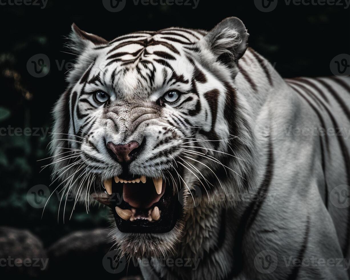 Detailed Portrait Of A Roaring White Tiger Face Isolated On Black Background 22896321 Stock