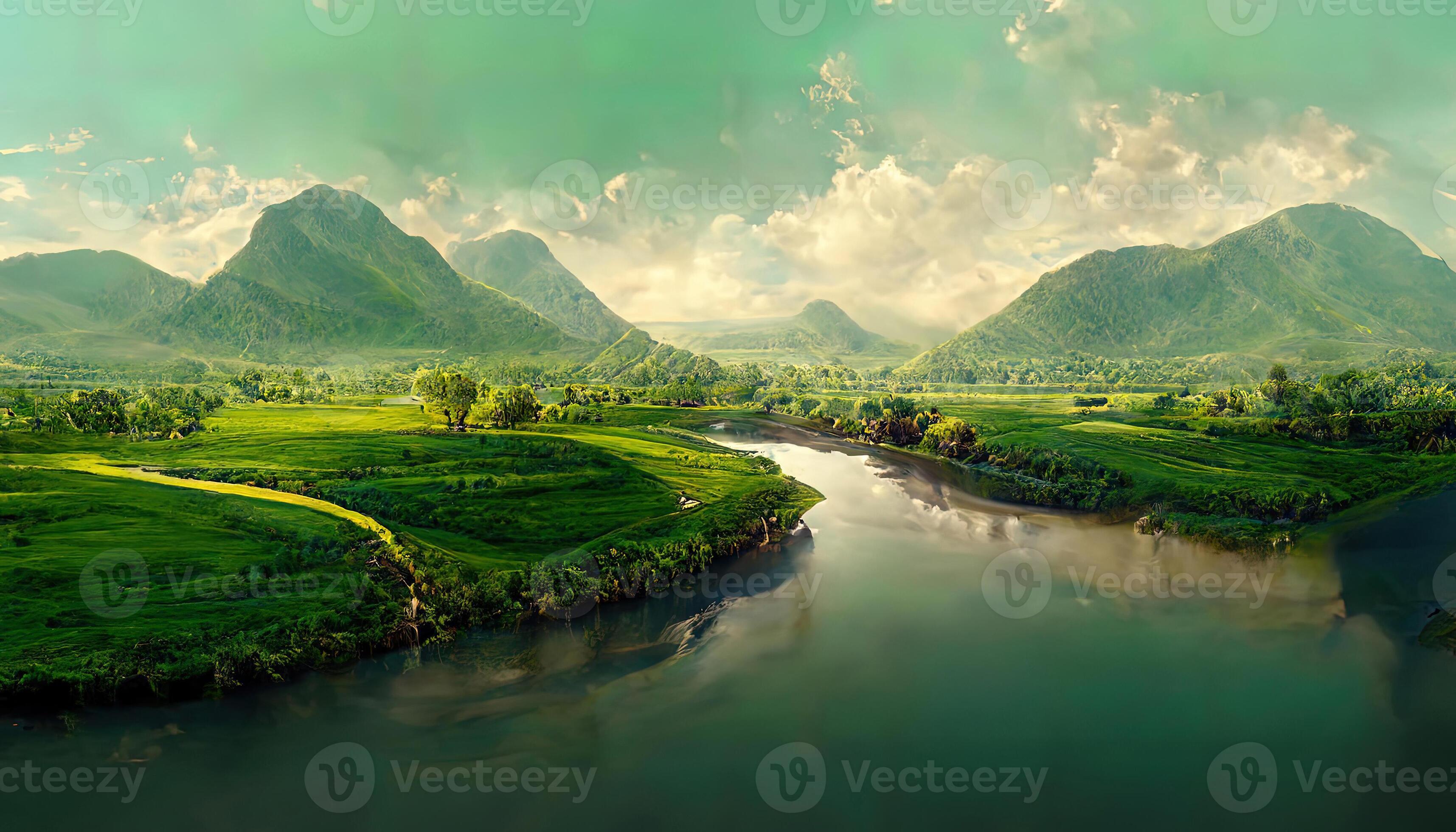Beautiful calm nature landscape background, flowing river, green fields ...