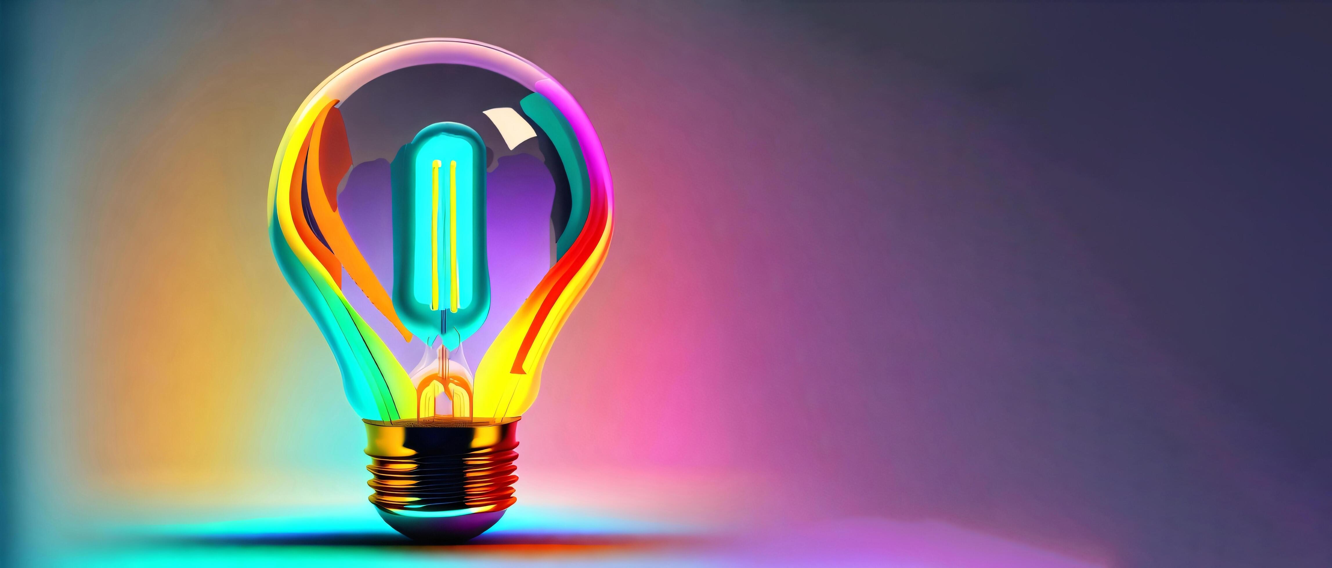 A colorful Light bulb. 3d idea bulb lamp, visualization of ...
