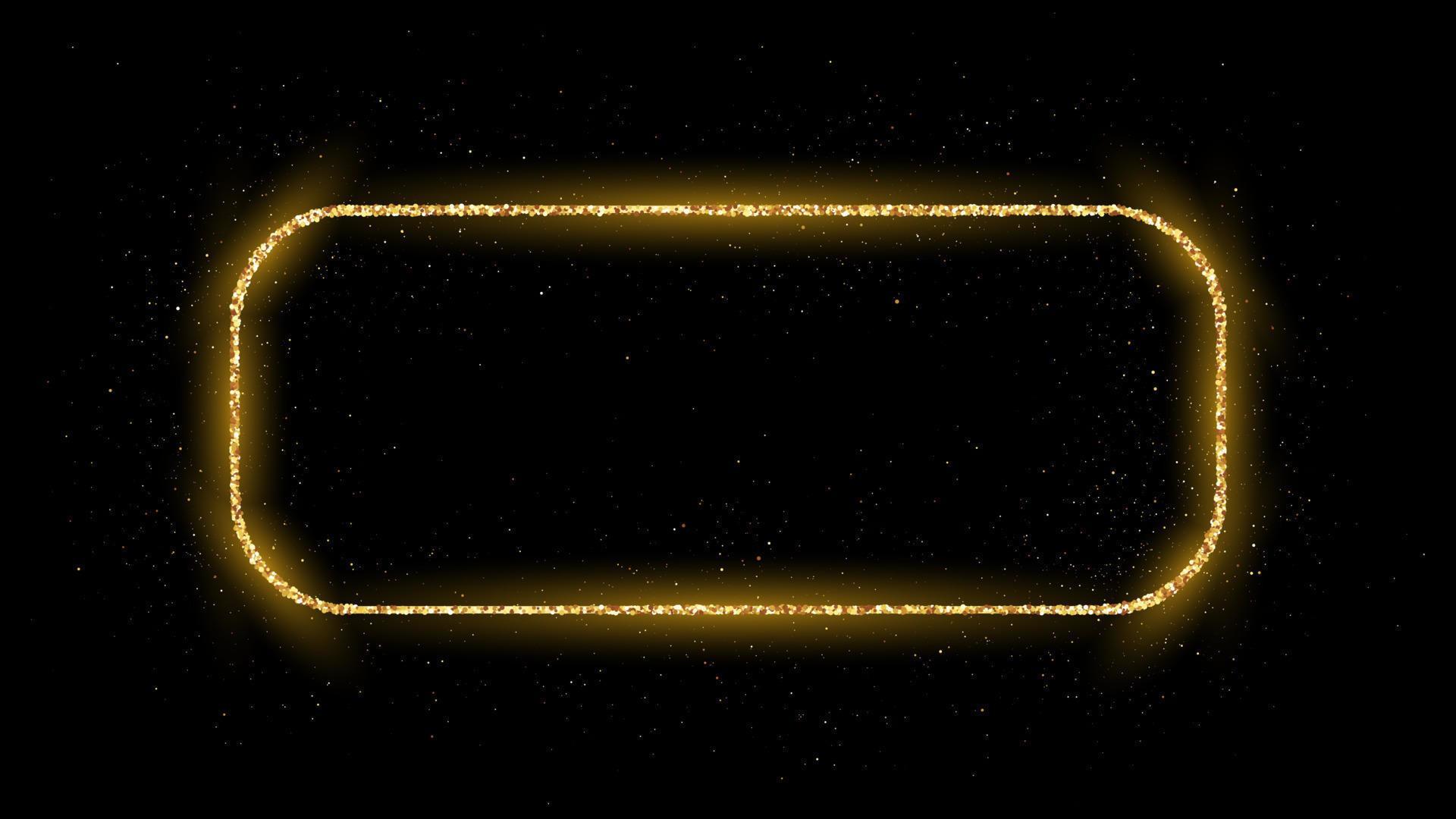 Golden rounded rectangle frame with glitter, sparkles and flares on dark background. Empty ...