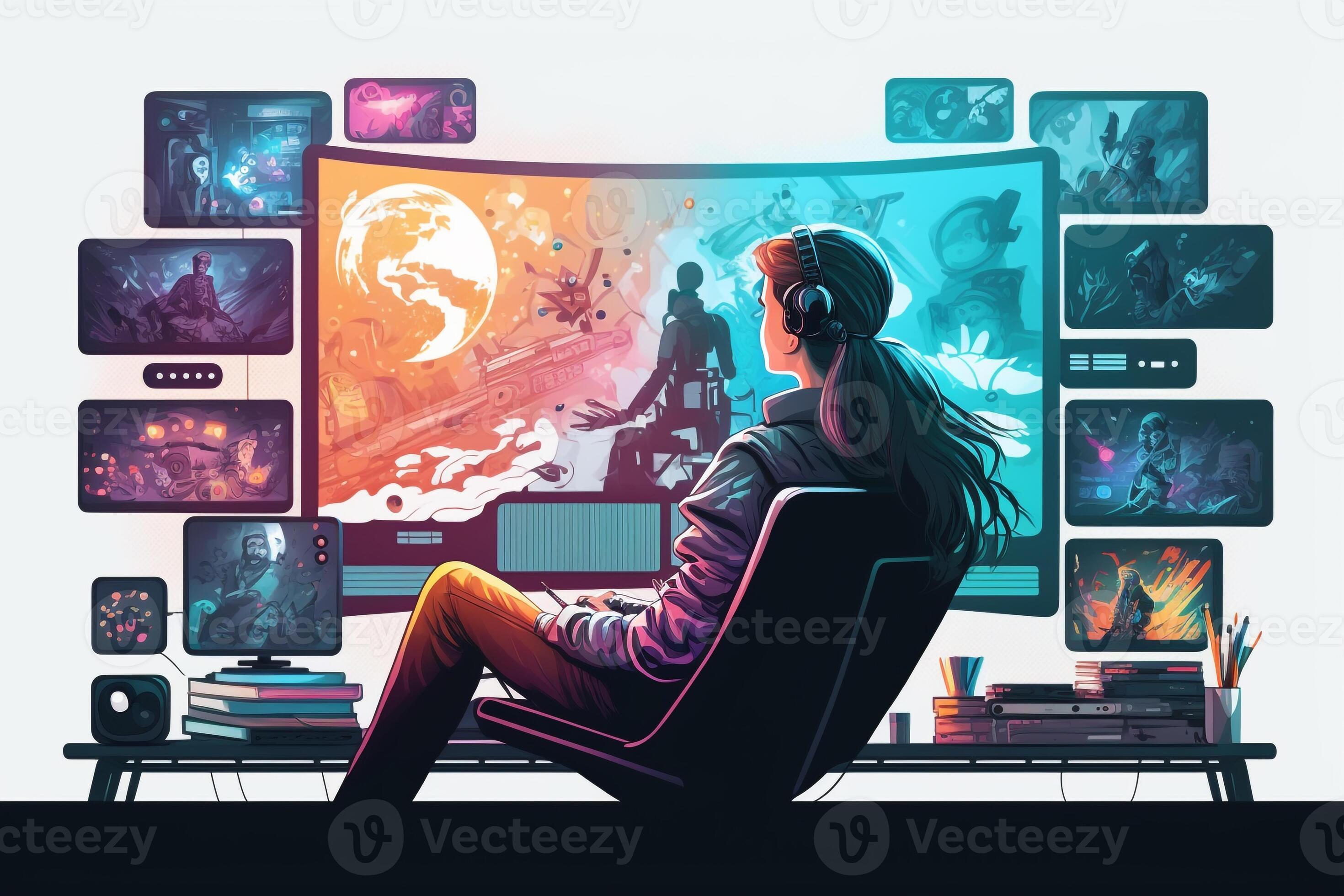 Illustration of a person using the internet for entertainment, with a ...