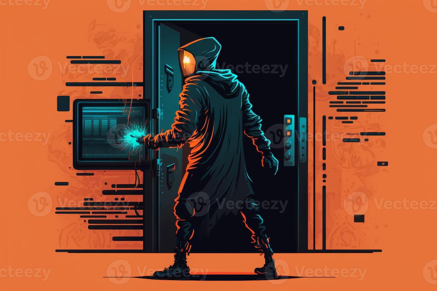 Illustration Of A Hacker Attempting To Break Into A Digital System But Being Stopped By Warning