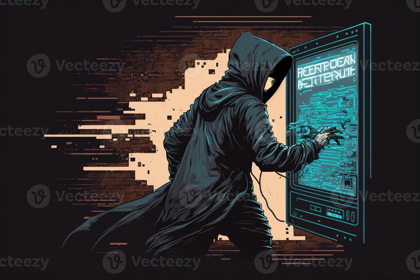 Illustration Of A Hacker Attempting To Break Into A Digital System But Being Stopped By Warning