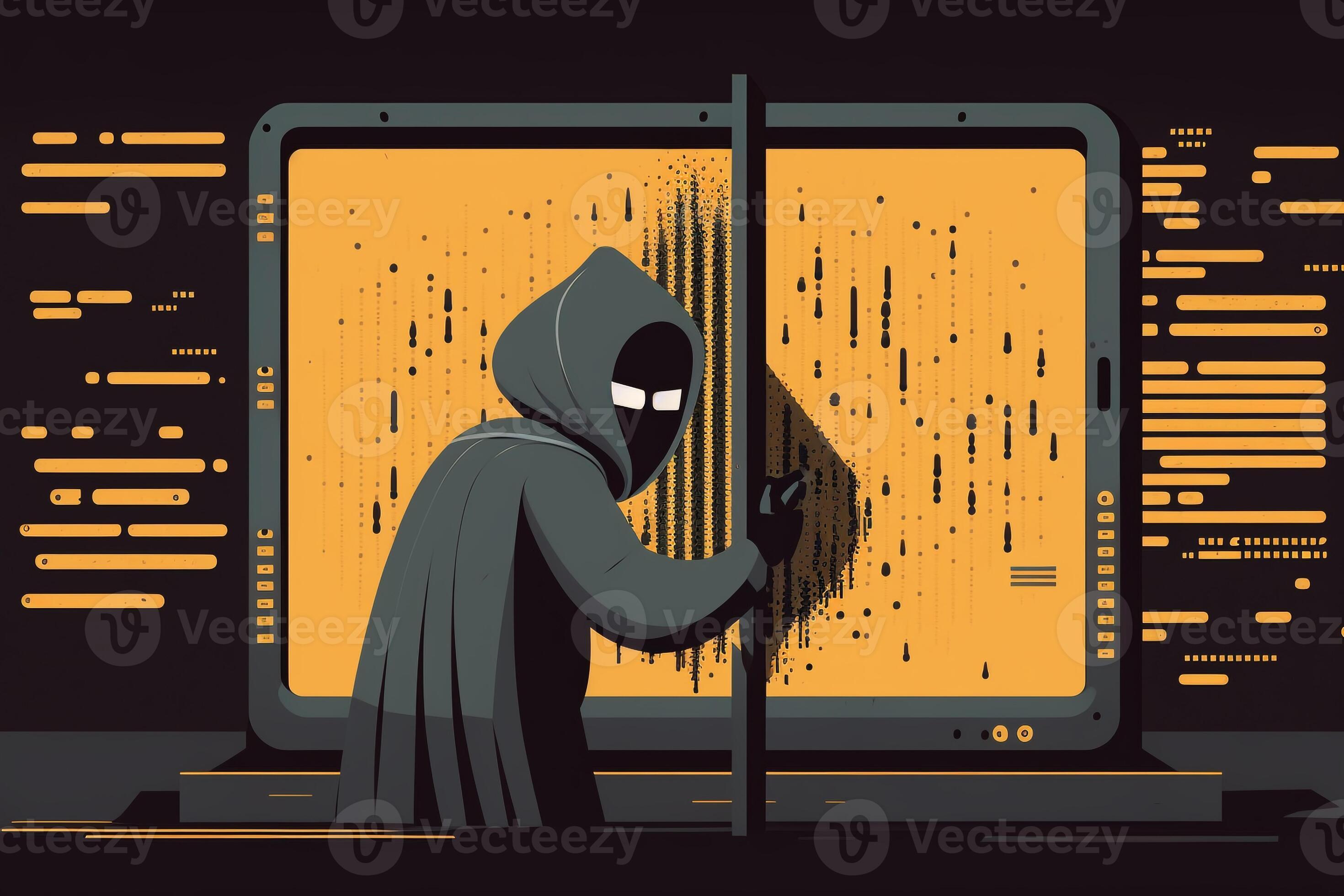 Illustration of a hacker attempting to break into a digital system with ... Illustration of a hacker attempting to break into a digital system with ...