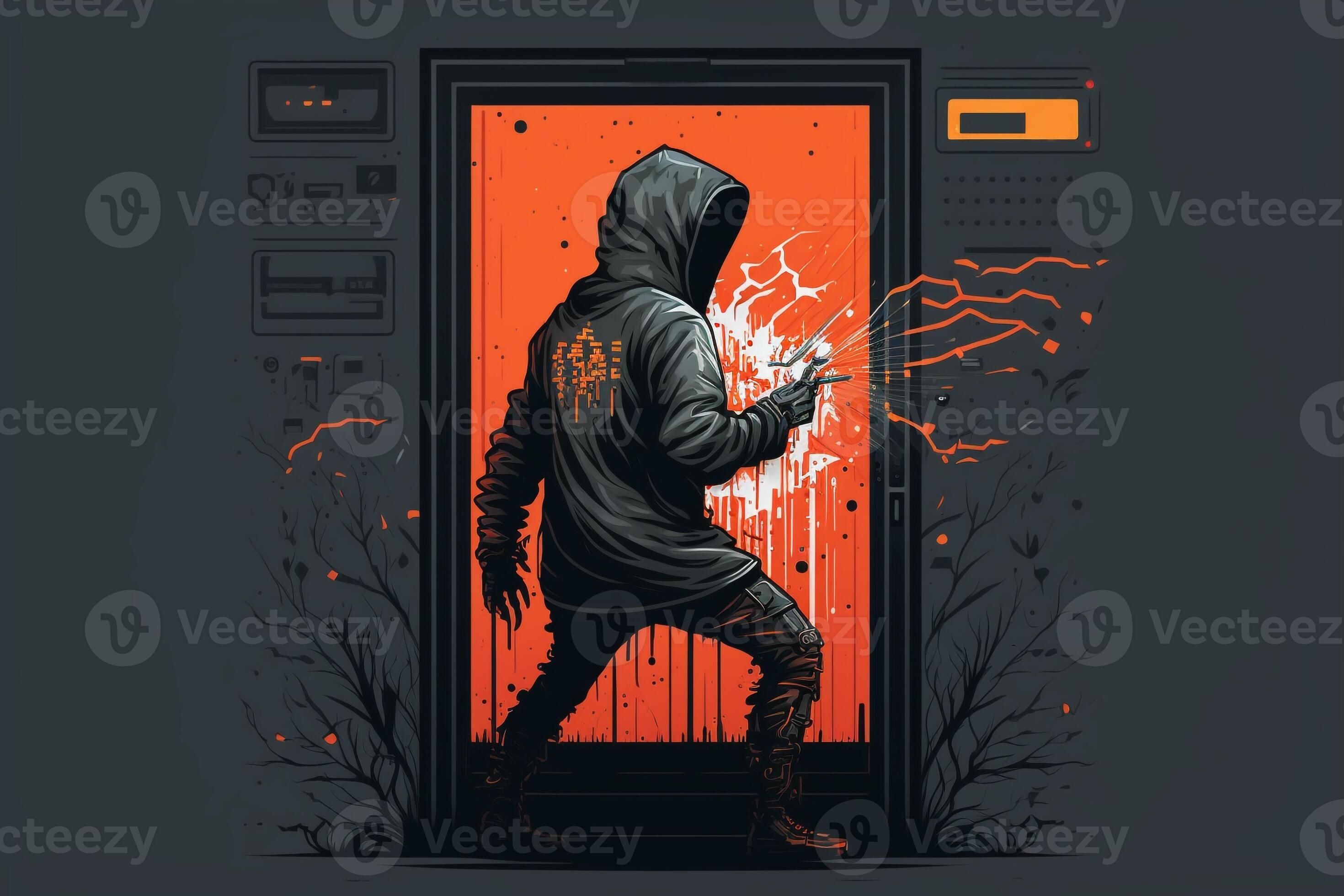 Illustration Of A Hacker Attempting To Break Into A Digital System With A Lock Icon On The