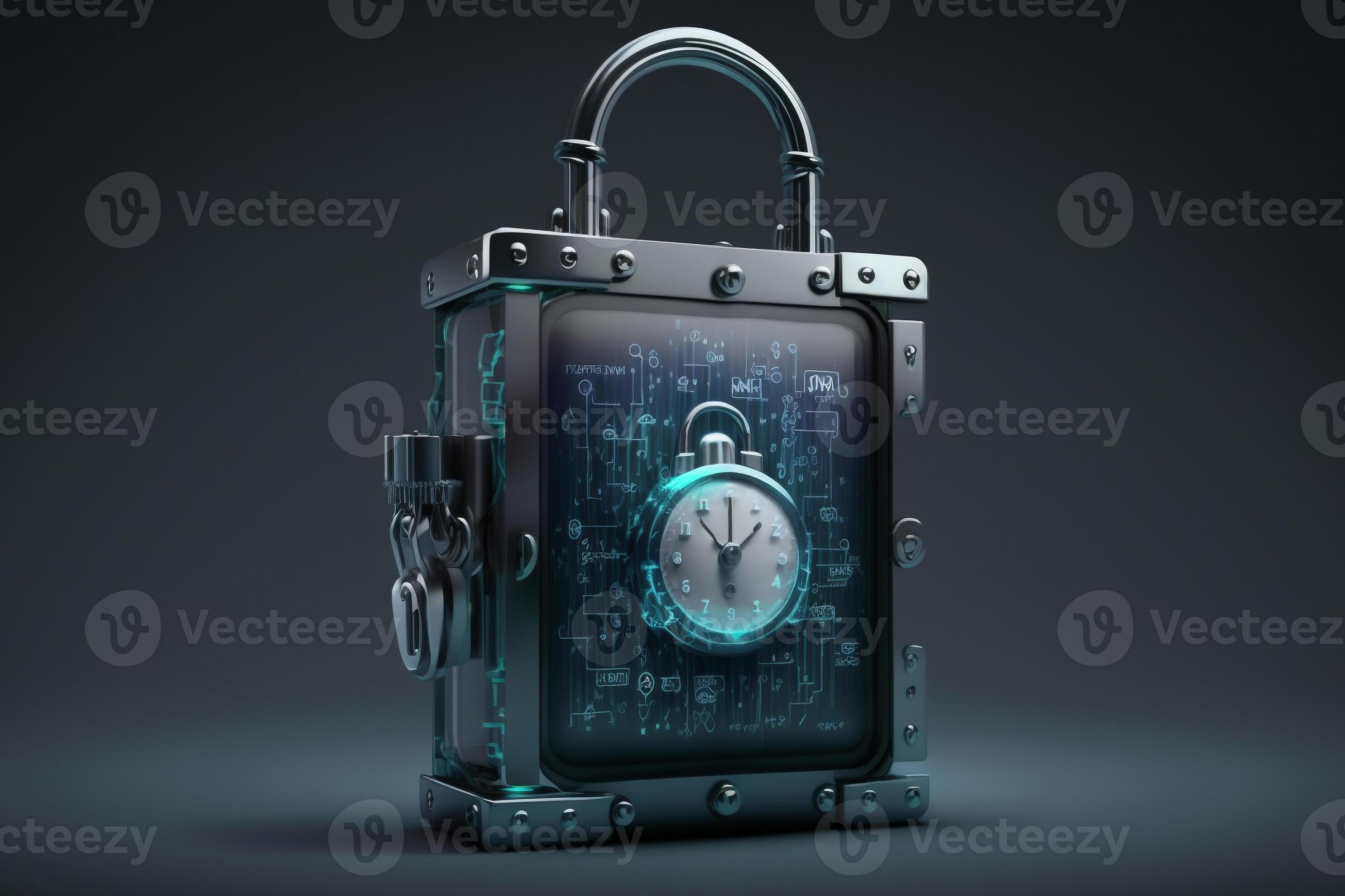 Illustration of a padlock on a digital screen, symbolizing secure and encrypted data. 22903635 ...