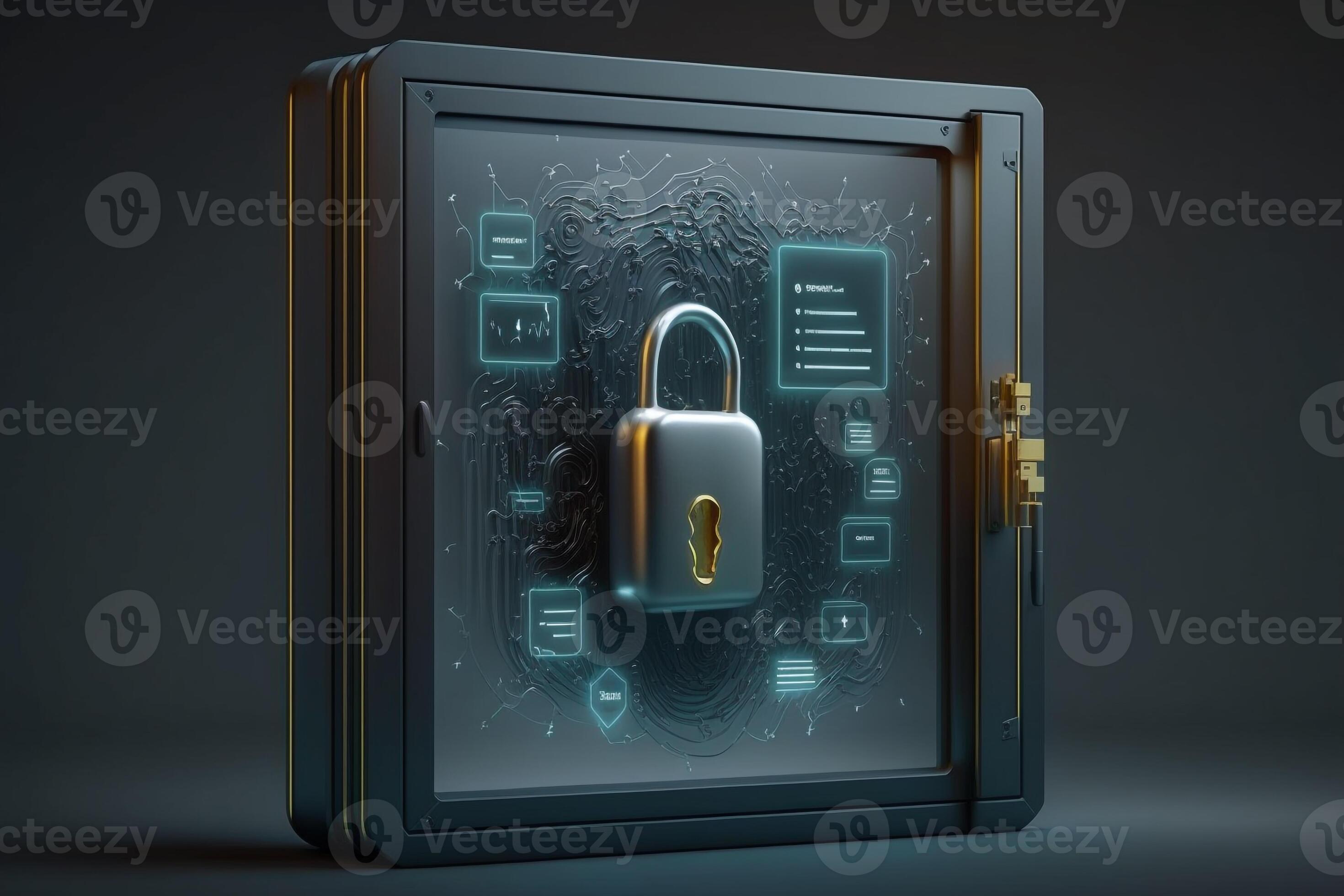 Illustration of a digital screen with a security concept lock, symbolizing protection against ...