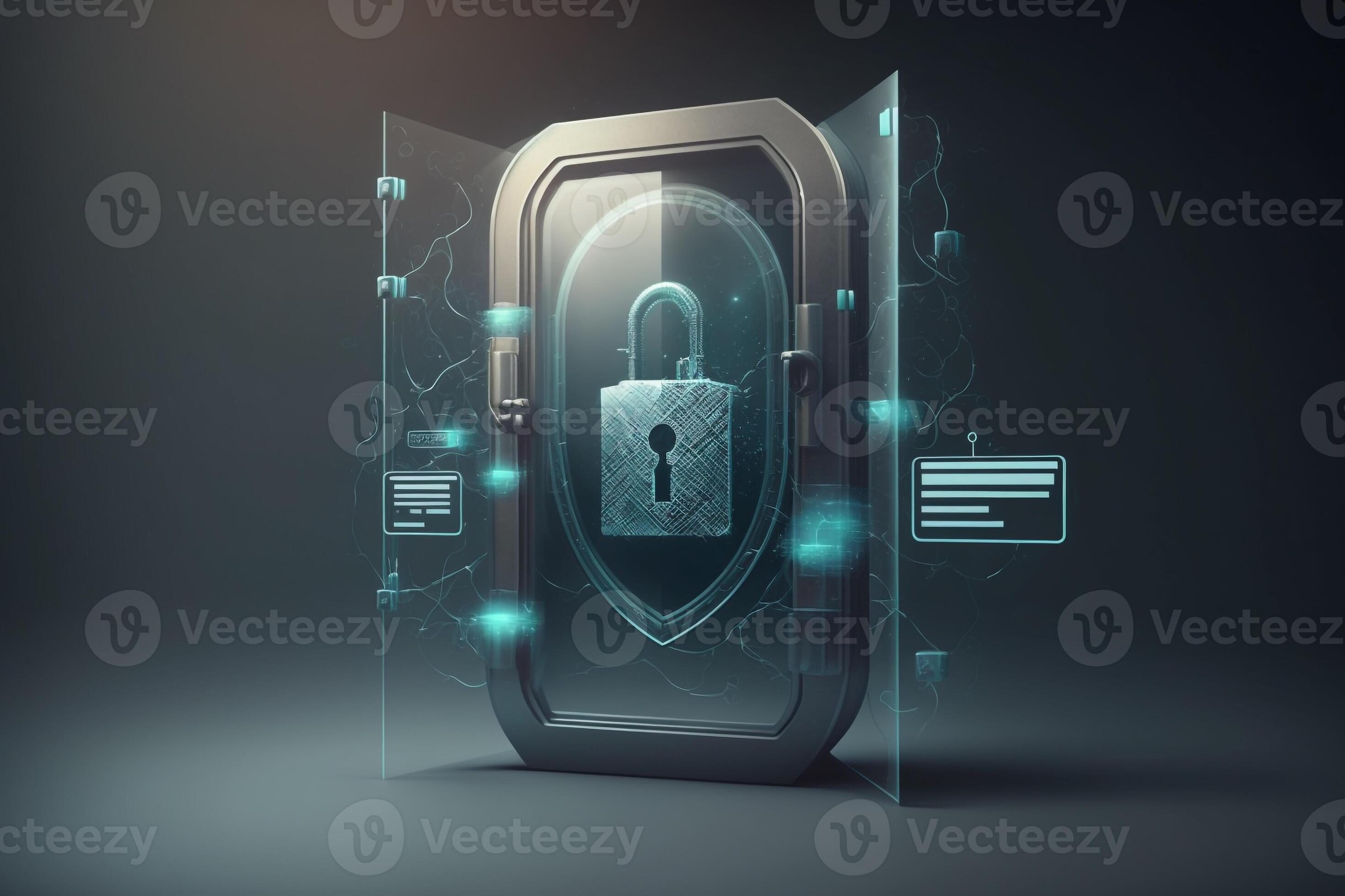 Illustration of a digital screen with a security concept lock, symbolizing protection against ...