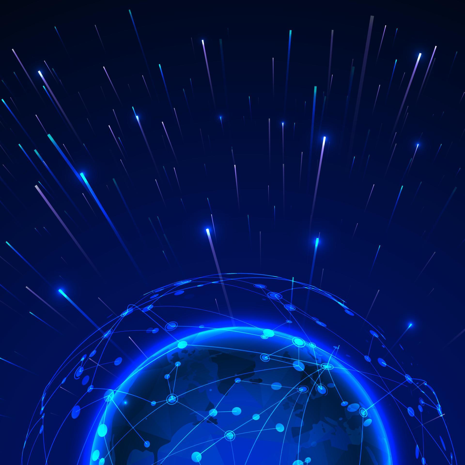 Big data concept. Data streams around global network. Futuristic technology blue background ...