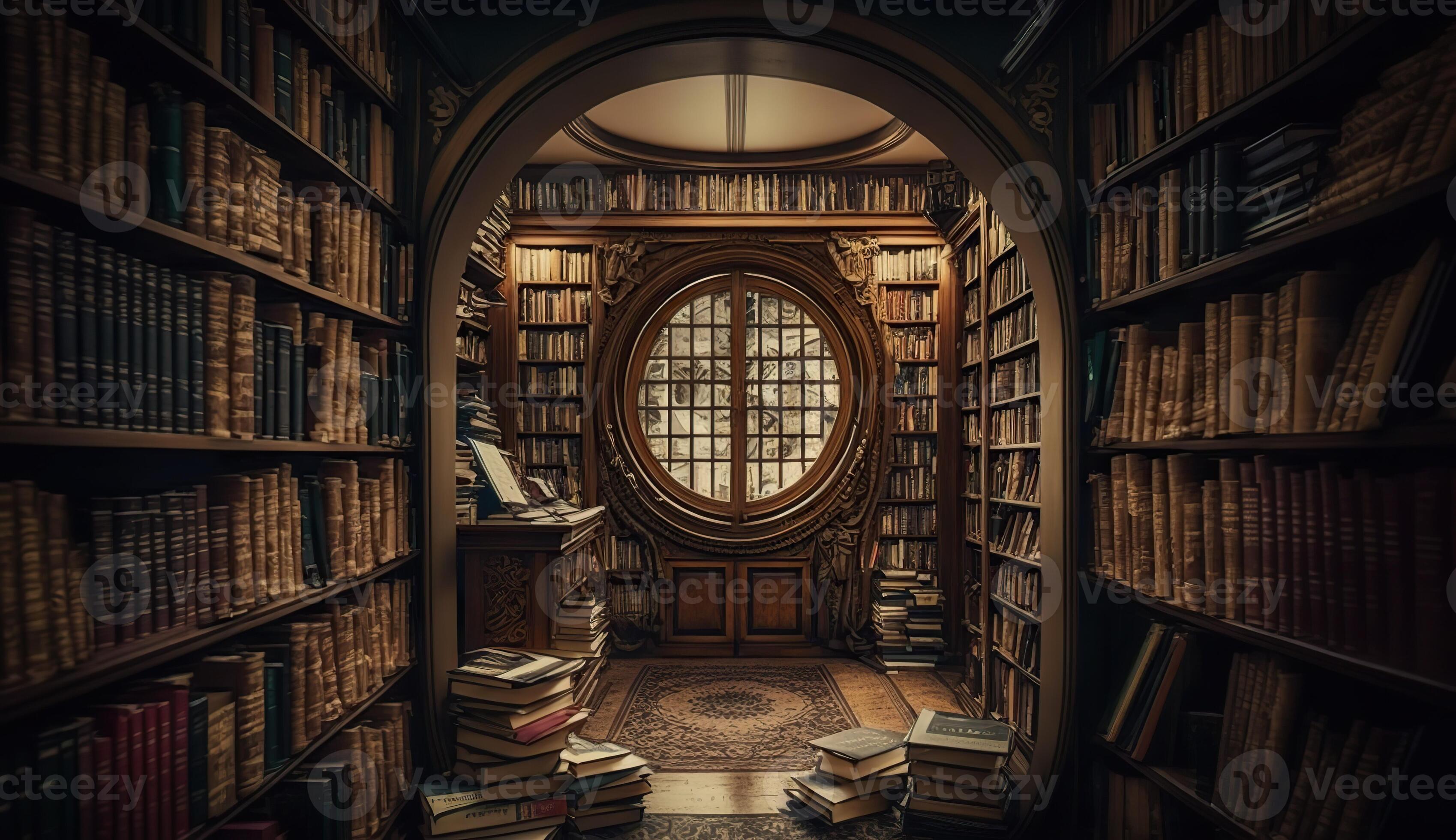 Illustration Of Old Library Or Bookshop With Many Books On Shelves