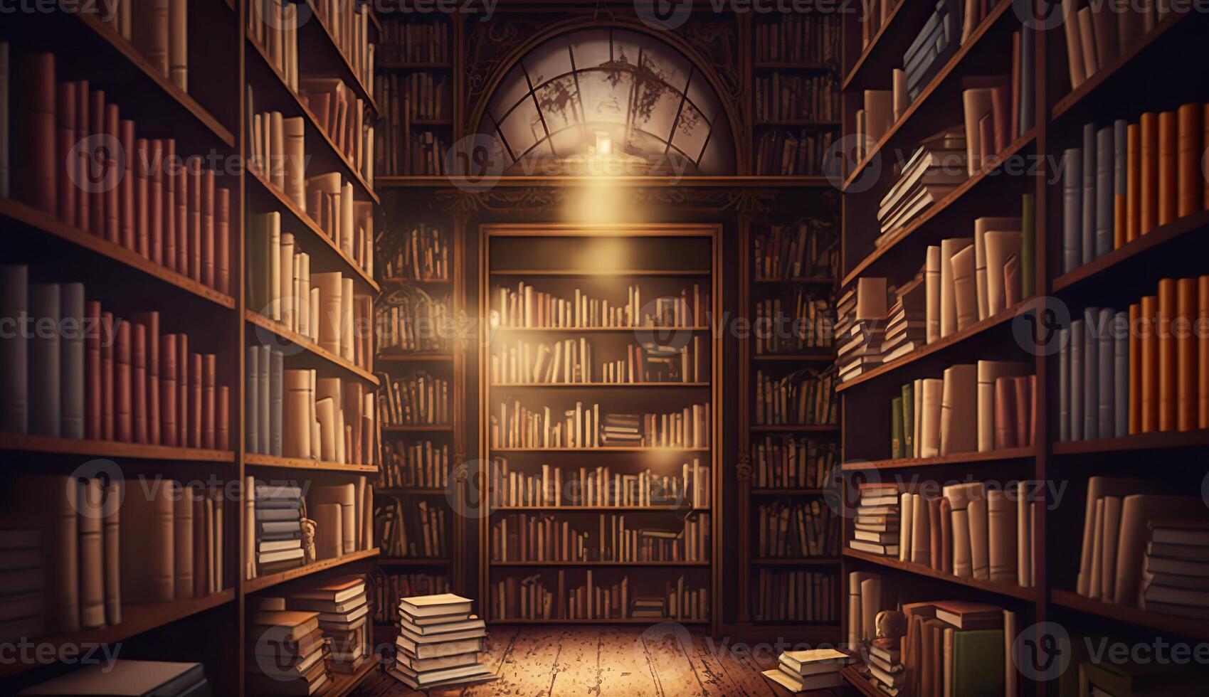 Illustration Of Old Library Or Bookshop With Many Books On Shelves