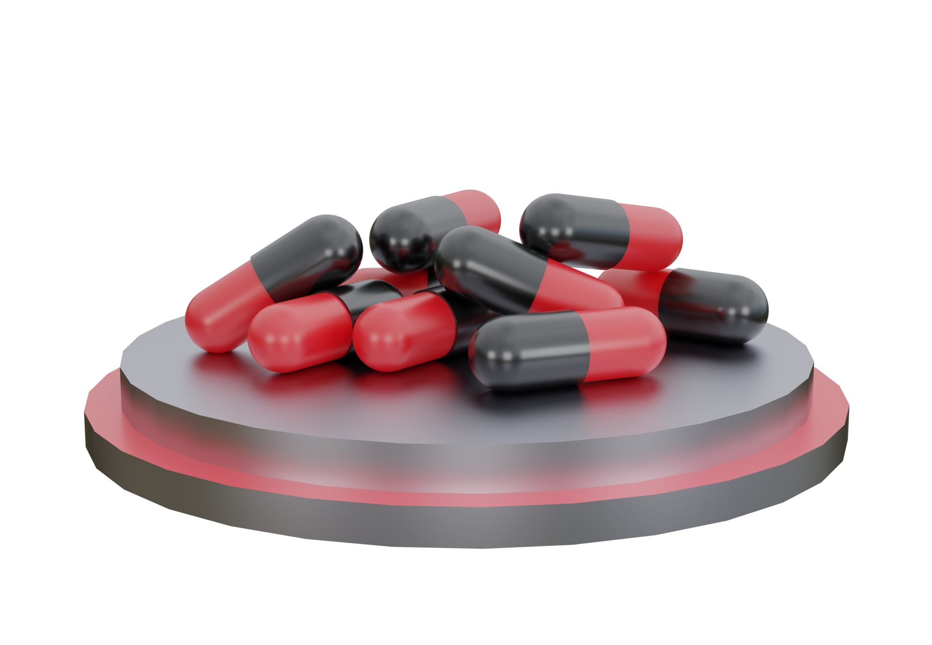 Black and Red Medicine Pills. Pill tablet capsule on metallic podium. 3D Rendering. Dangerous ...
