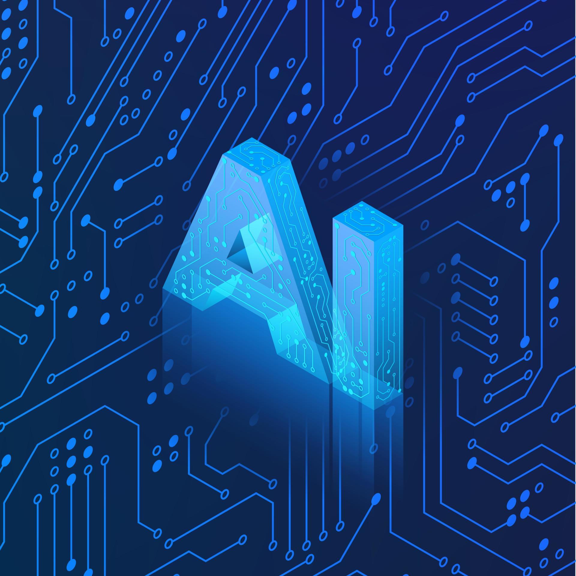 AI hologram on circuit background. Isometric Artificial intelligence concept. Blue Technology ...