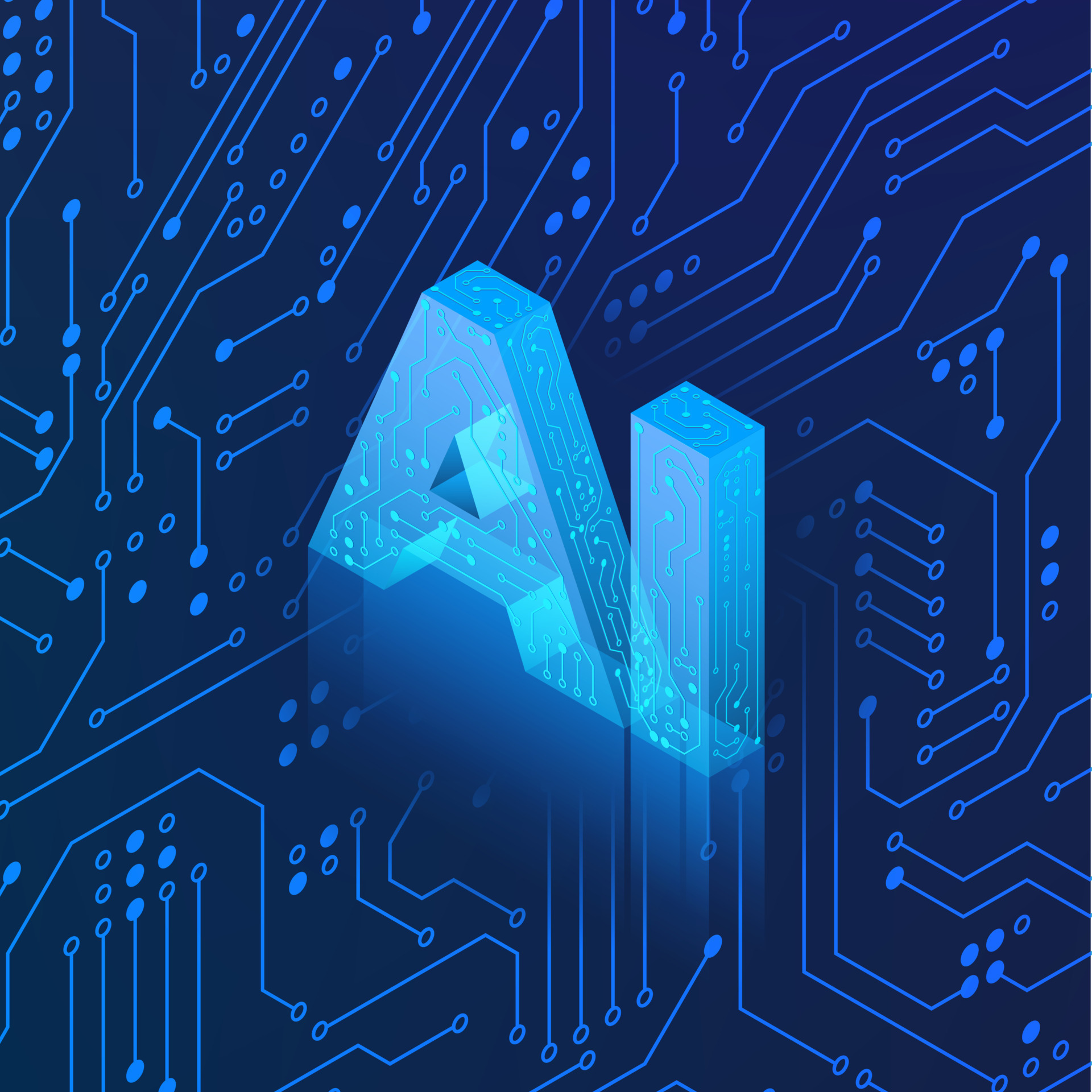 AI hologram on circuit background. Isometric Artificial intelligence concept. Blue Technology ...