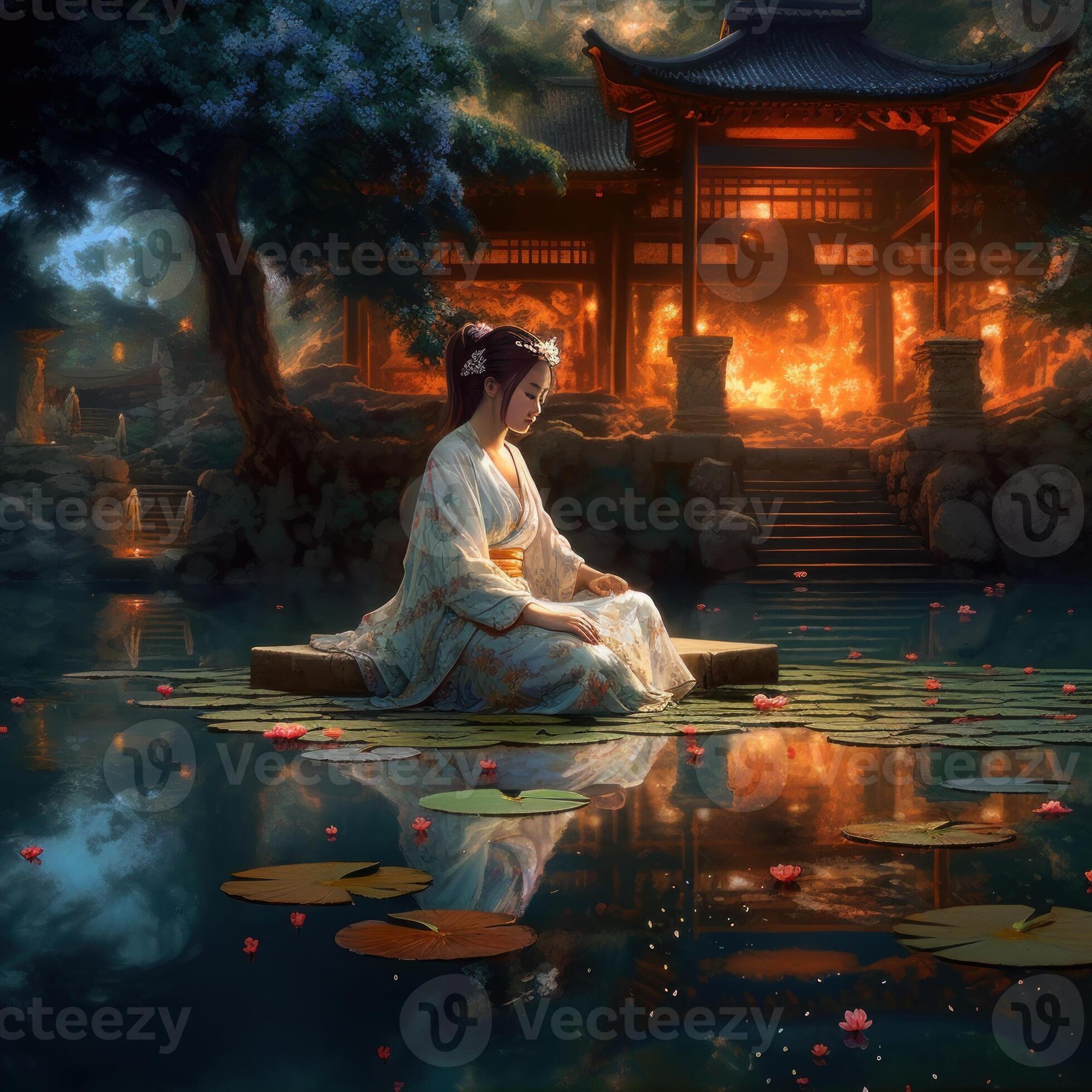A young chinese sitting in deep meditation on beautiful pond 22929796 Stock Photo at Vecteezy