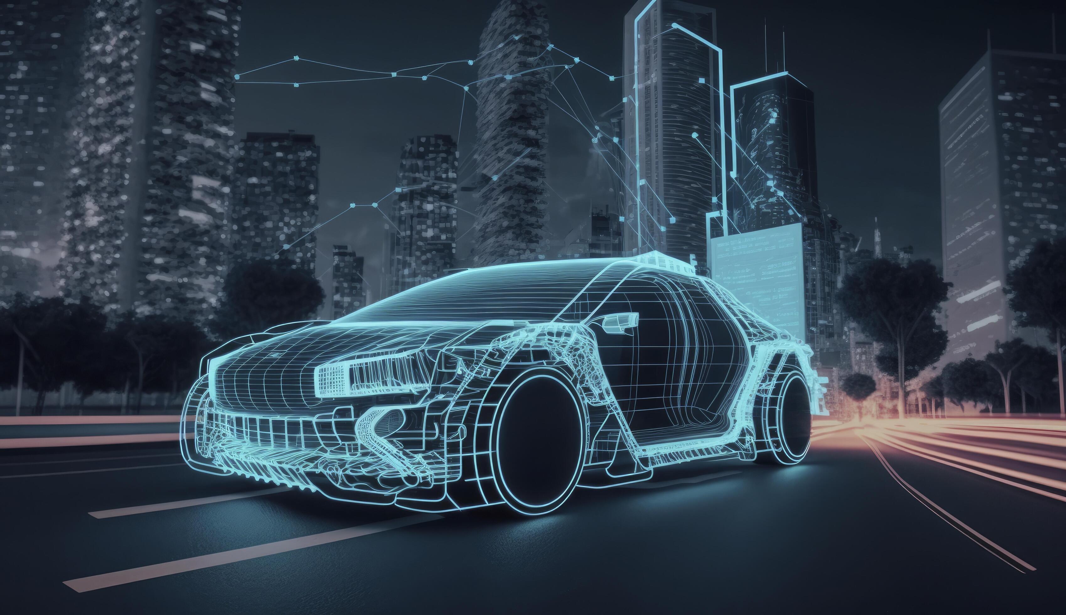 Augmented reality of wireframe car concept on the road and futuristic city on the background ...