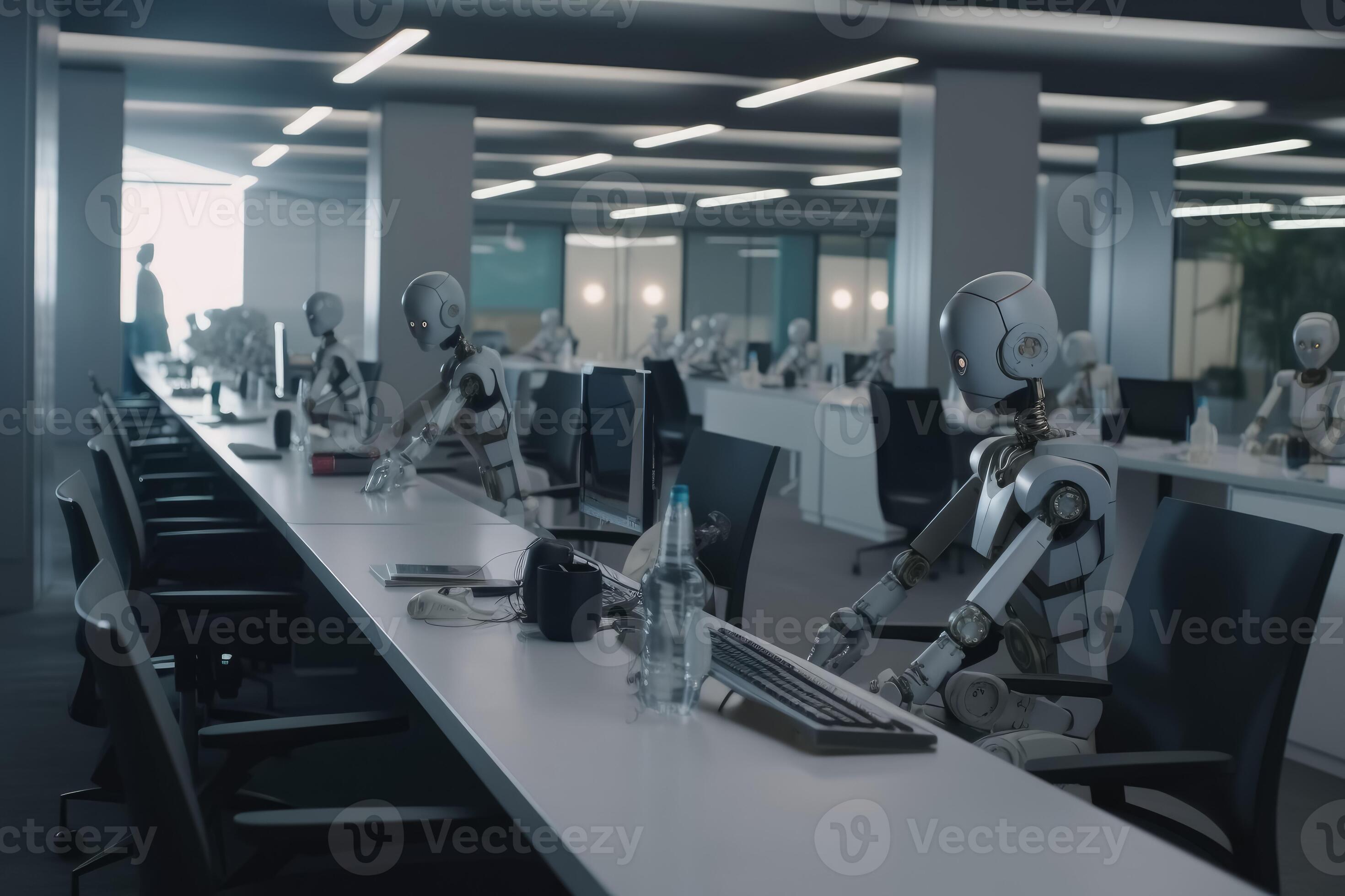 AI robots sitting at work in the open-plan office of a call centre ...