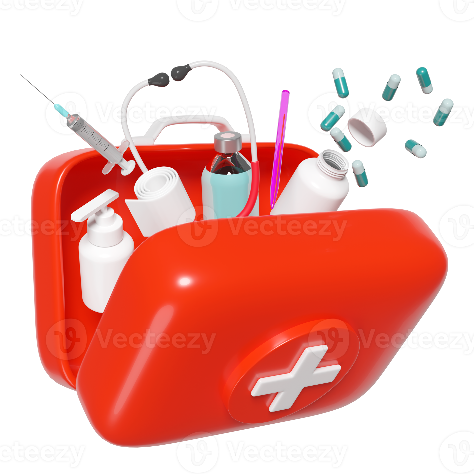 3d red first aid kit open icon isolated. 3d render illustration ...