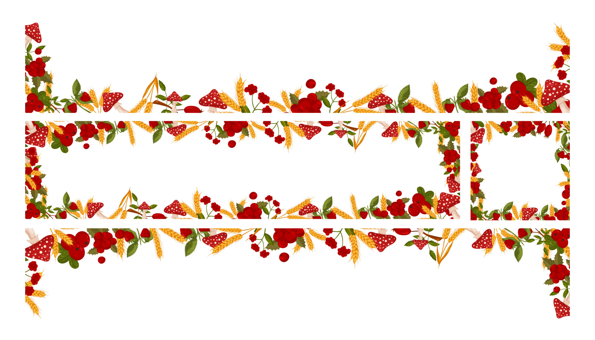 Set Of Spring Horizontal Frames With Raspberries Cranberries And Toadstools Summer Vector 2262