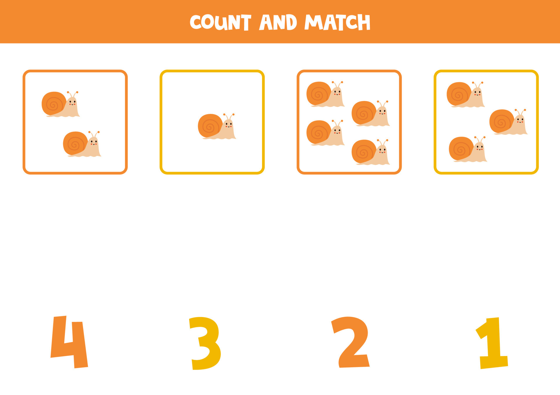 Counting game for kids. Count all snails and match with numbers ...