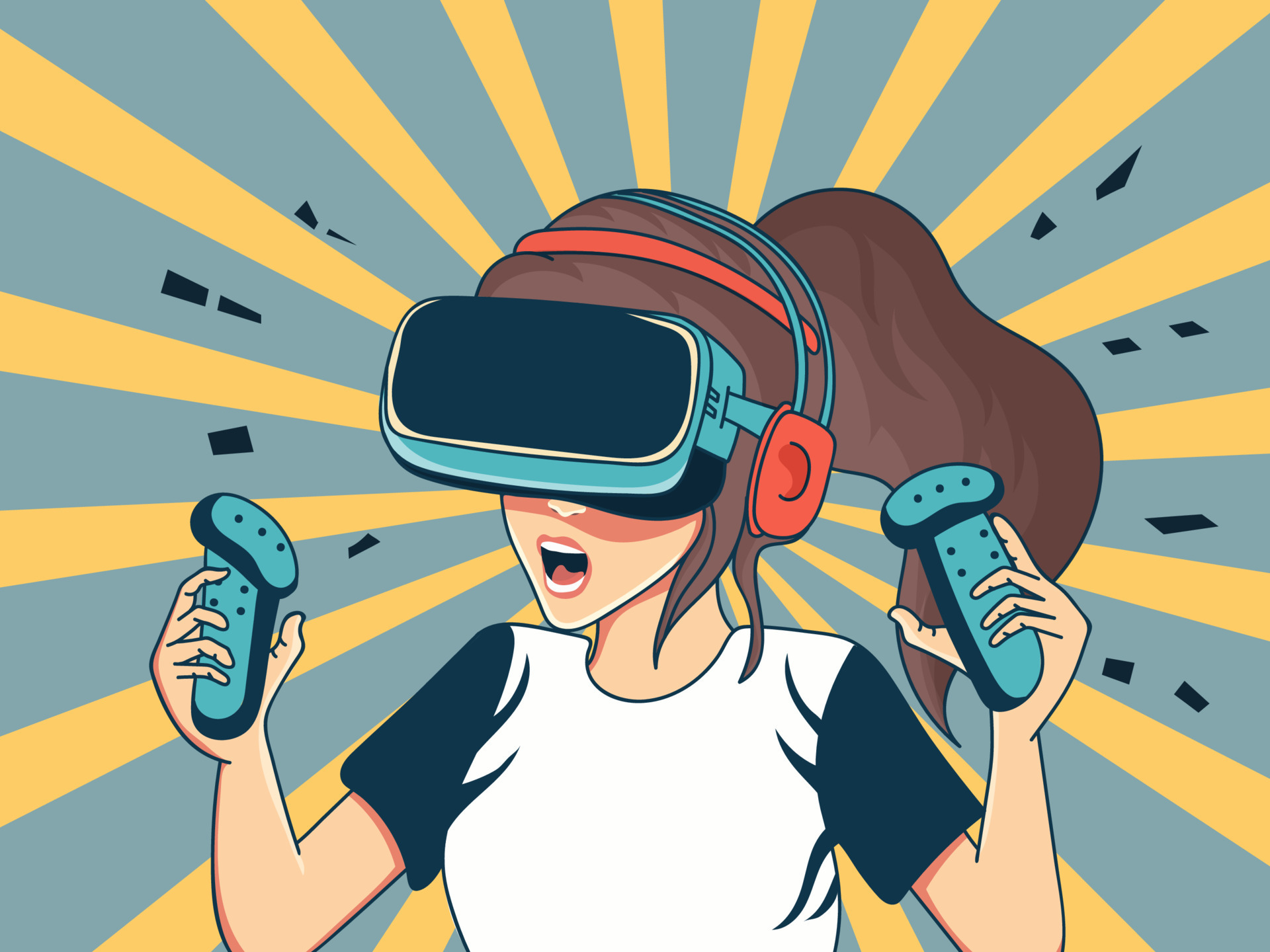 Excited Young Girl Character Wearing VR Headset With Using Controllers ... Excited Young Girl Character Wearing VR Headset With Using Controllers ...