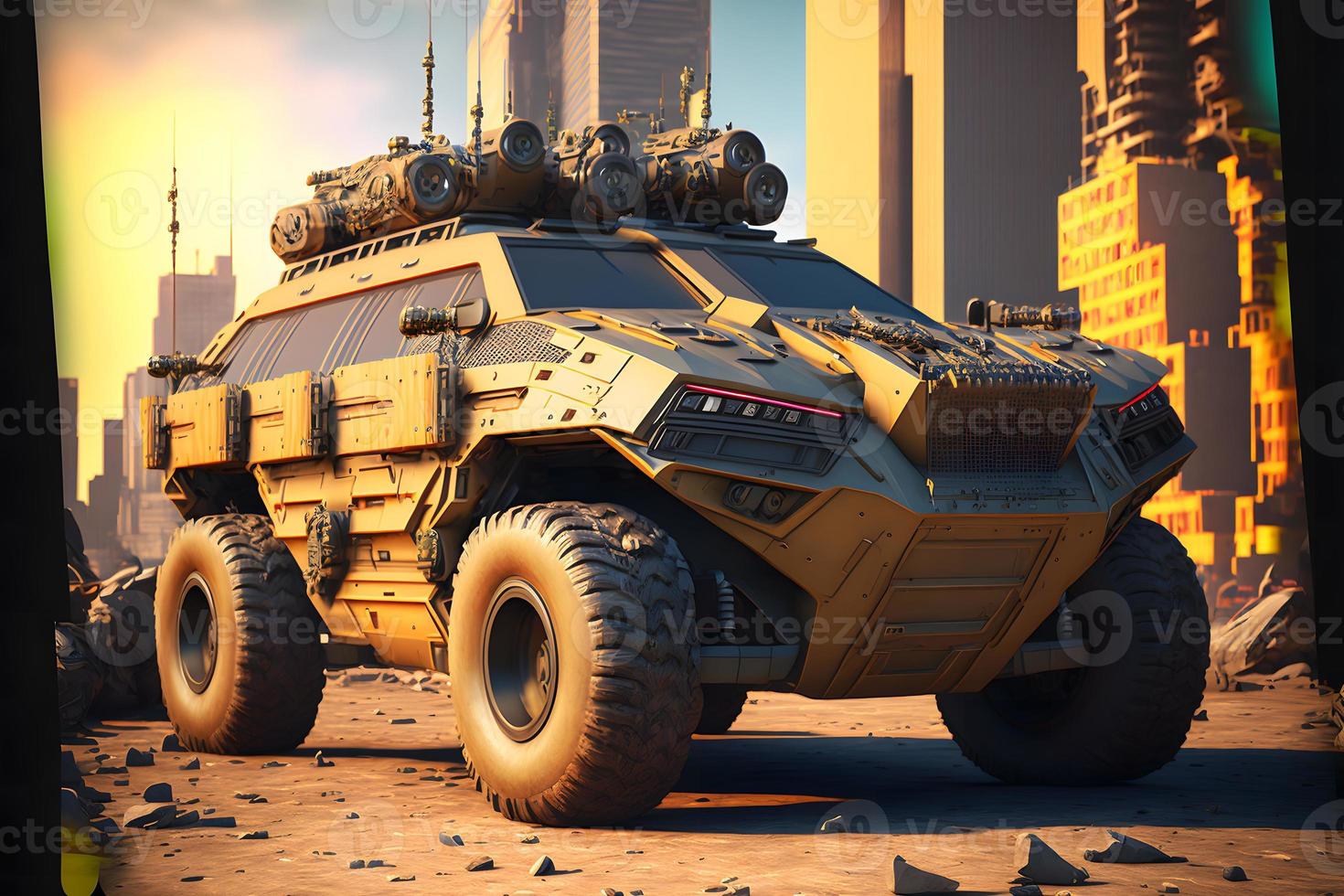 Modern futuristic off-road SUV car with turret in city center. Neural network generated art ...
