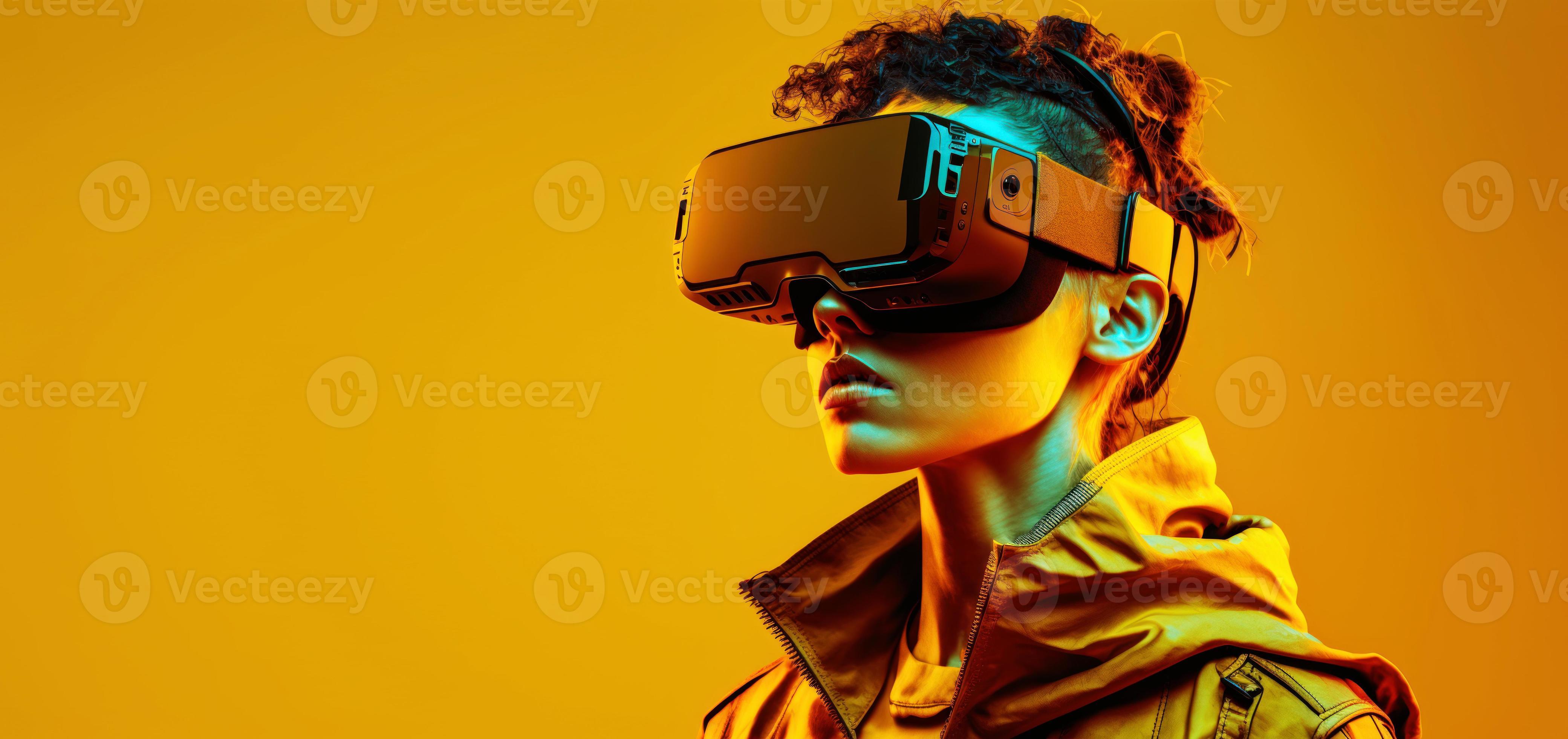 Side view of a young woman put on VR glasses isolated over yellow background 22966215 Stock ...