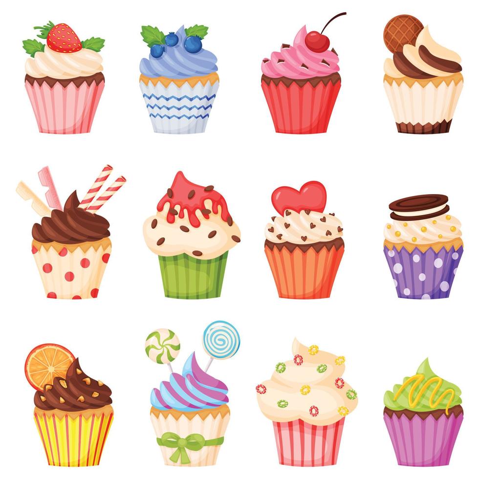 Cartoon Cupcake With Various Toppings Delicious Sweet Desserts Muffins Or Cupcakes With