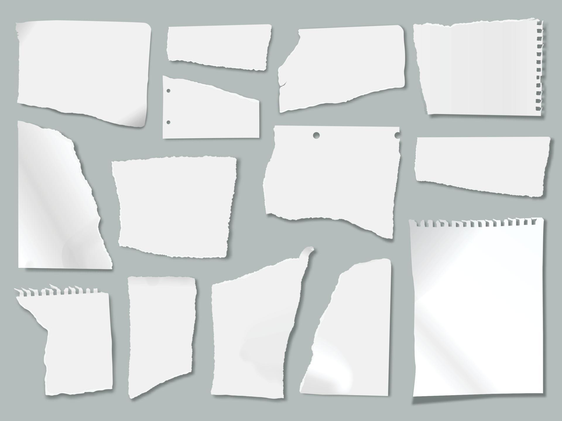 Ripped paper scraps with torn edges, ragged papers pieces. Realistic white crumpled notebook ...