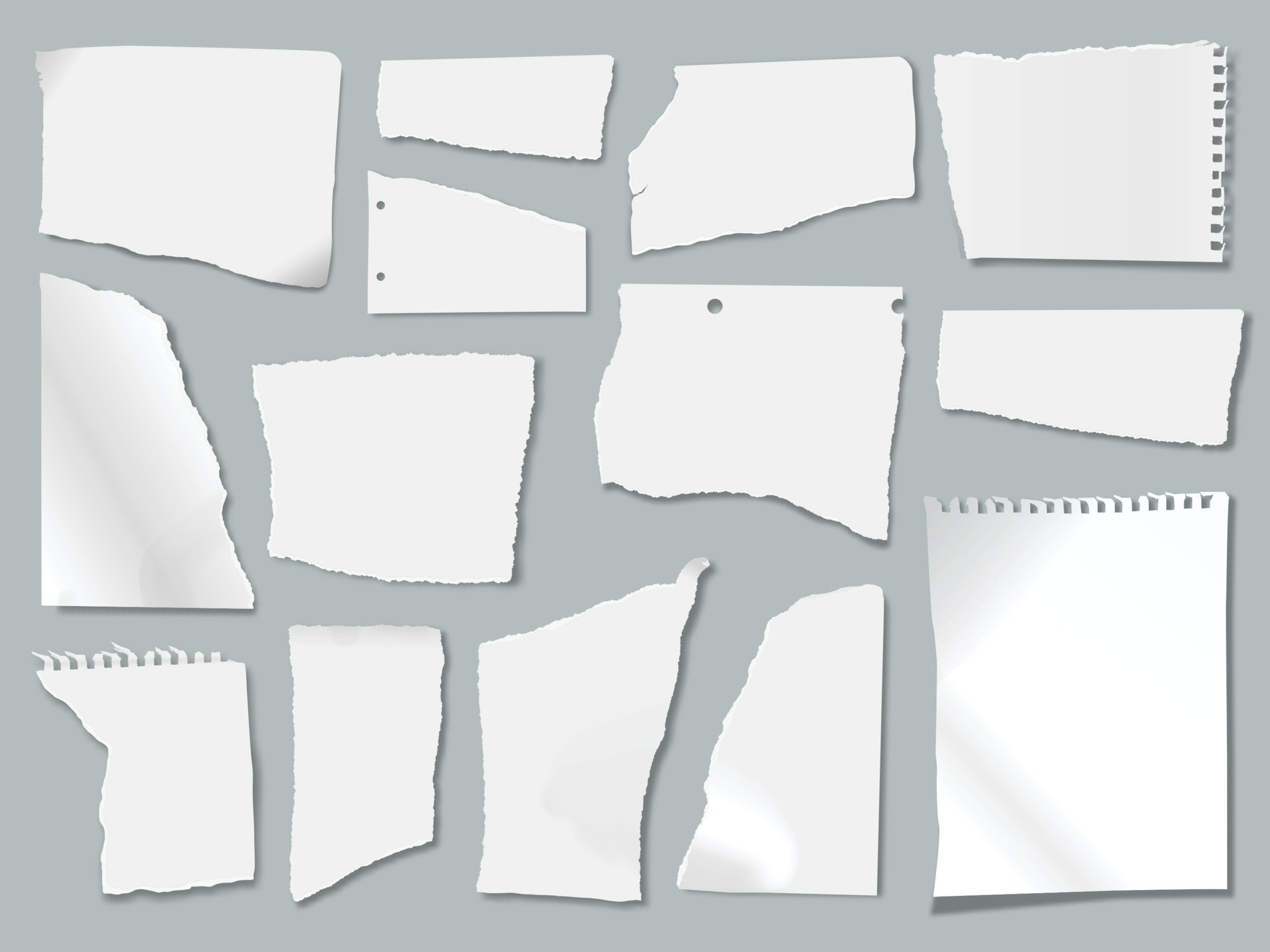 Ripped paper scraps with torn edges, ragged papers pieces. Realistic white crumpled notebook ...