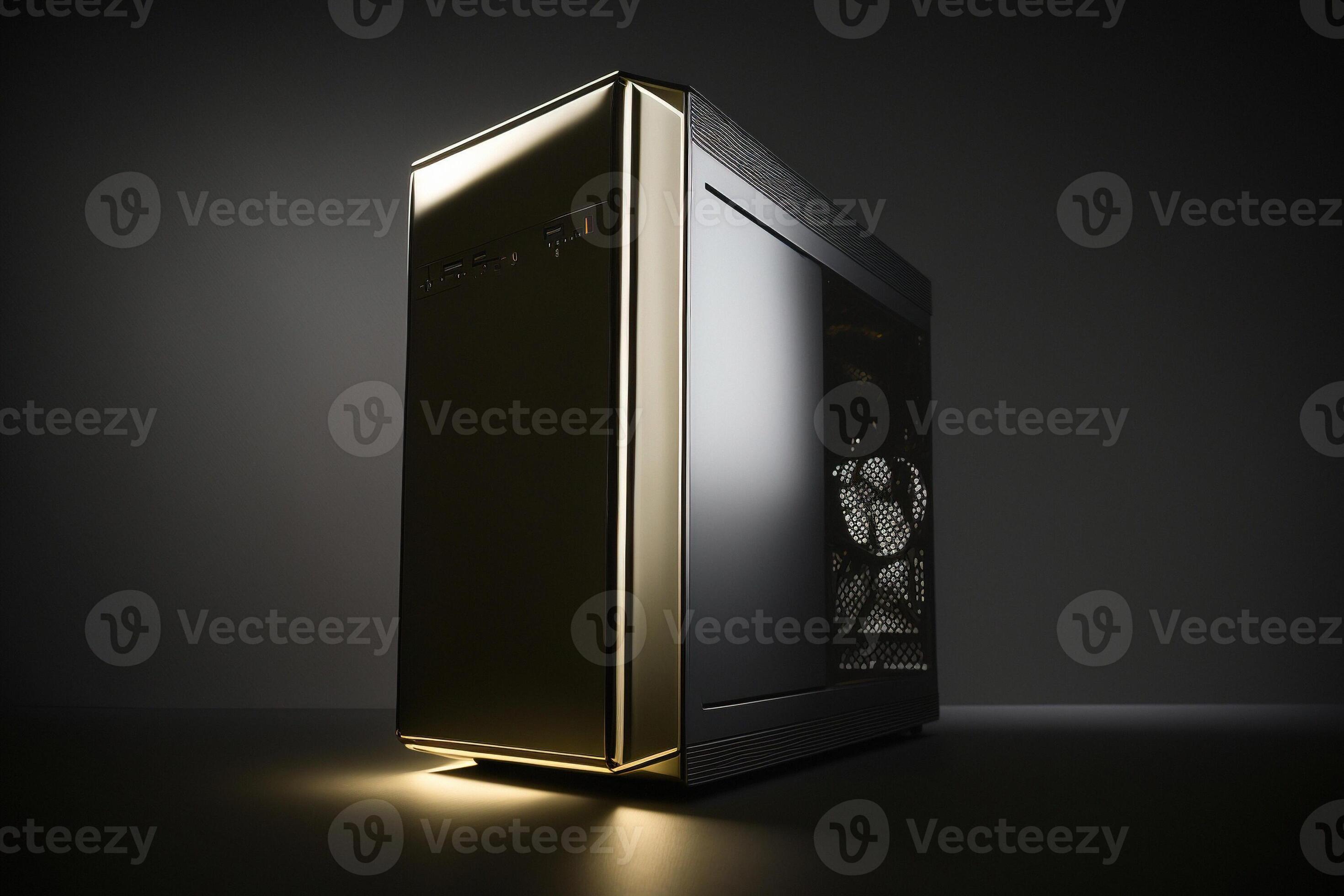 Modern computer system unit on a black background with golden rays ...