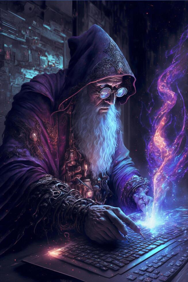 an image of a wizard using a laptop. . 22973461 Stock Photo at Vecteezy