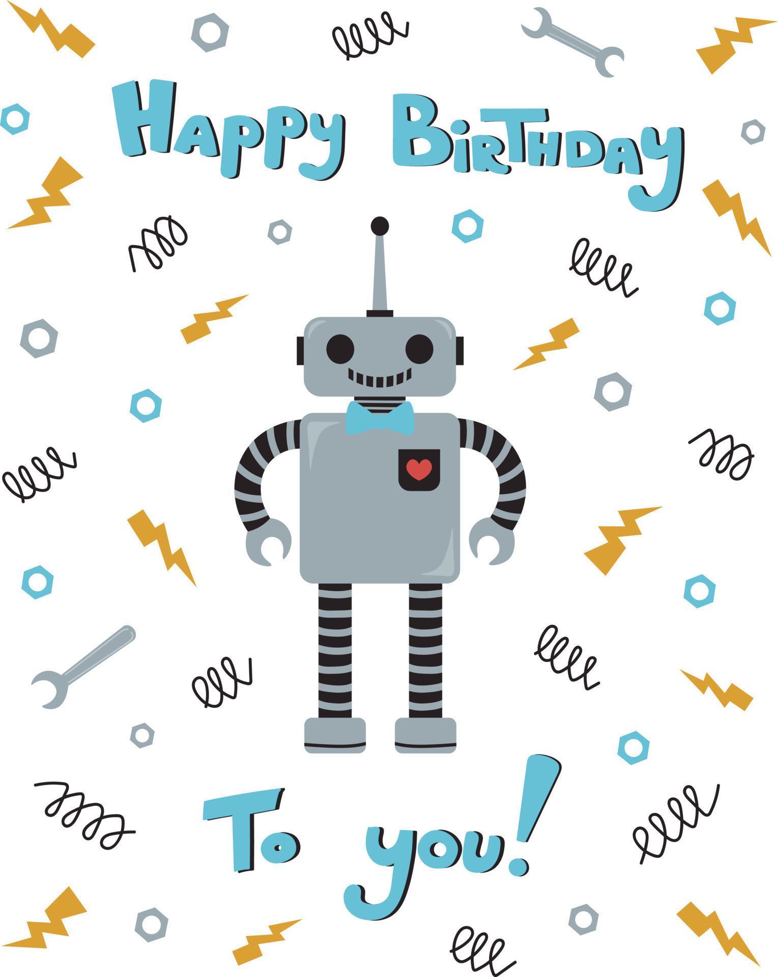 Birthday card with a friendly robot for children. Cheerful robot on the ...