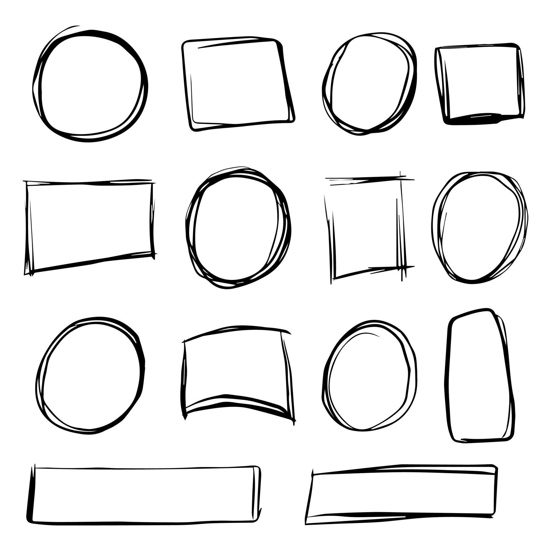 hand drawn set of doodle design elements. box frame and circle line scribble. use for website ...
