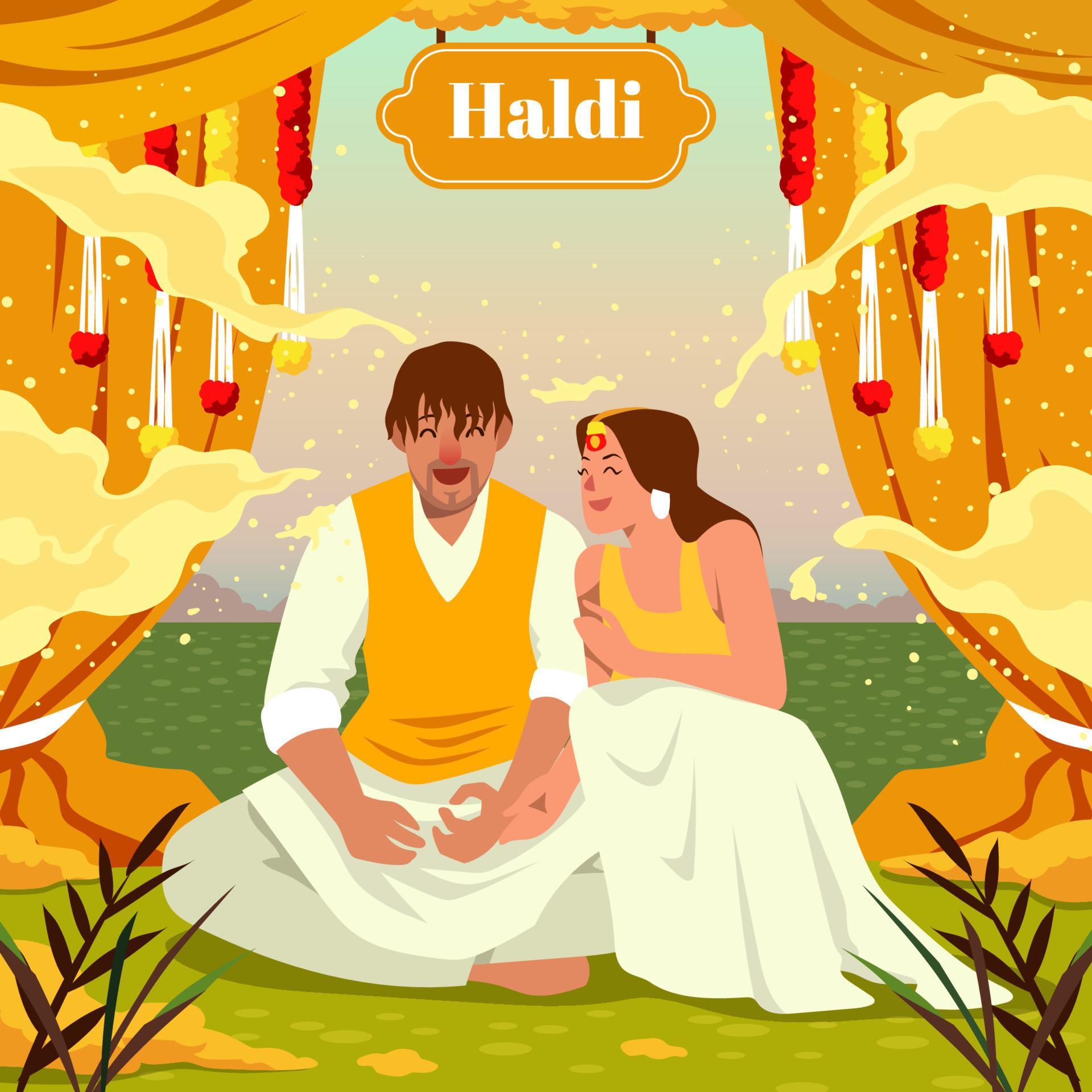 Happy Indian Couple in Haldi Ceremony 22976569 Vector Art at Vecteezy